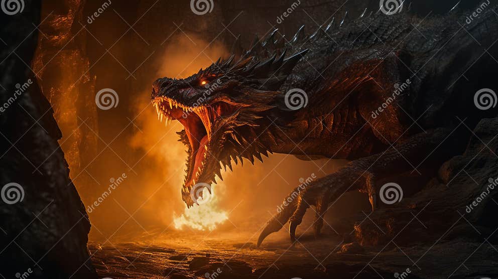 A Deadly Dragon in a Cave Spewing Fire Stock Photo - Image of fantastic ...