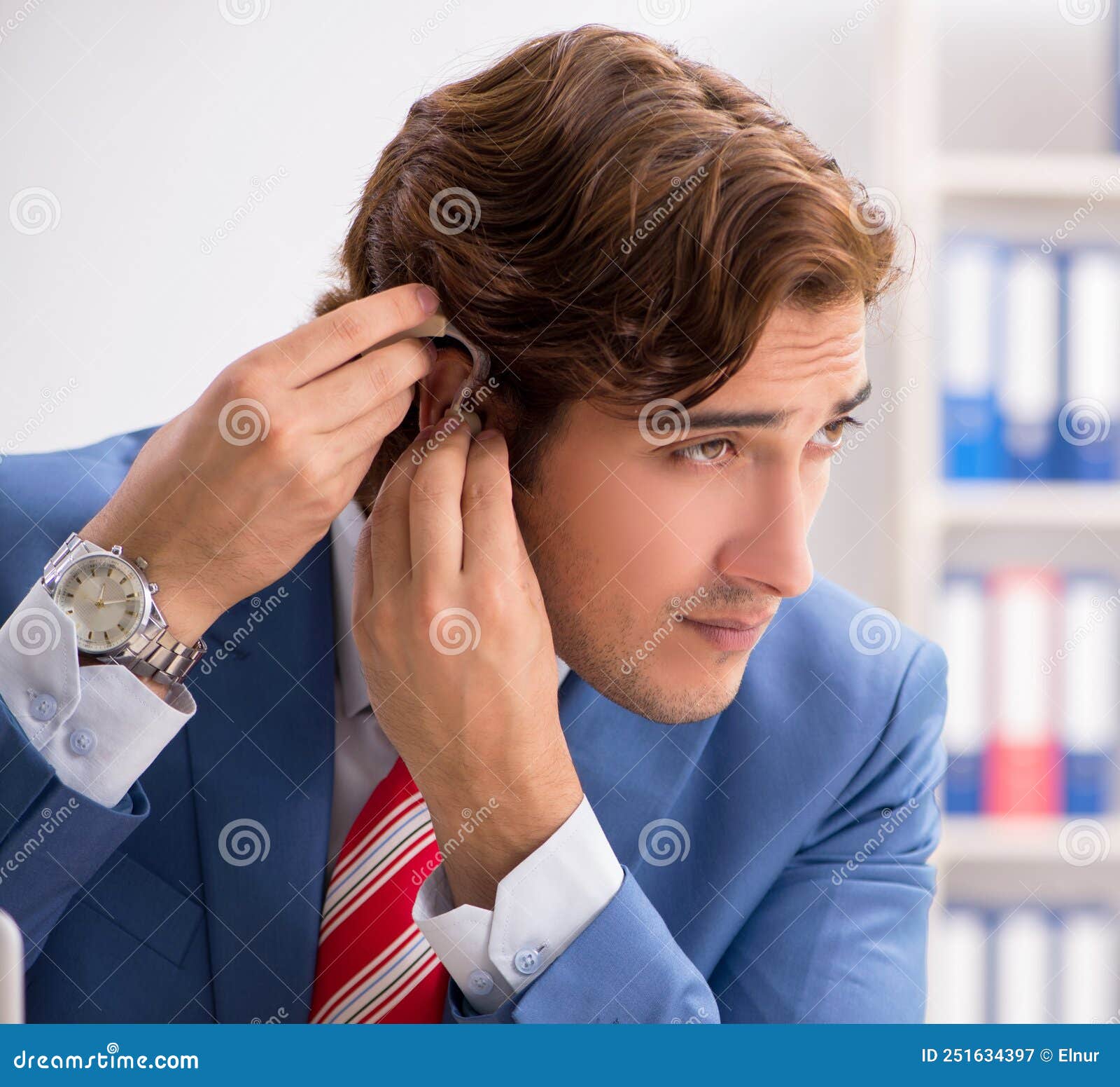 The Deaf Employee Using Hearing Aid in Office Stock Image - Image of ...