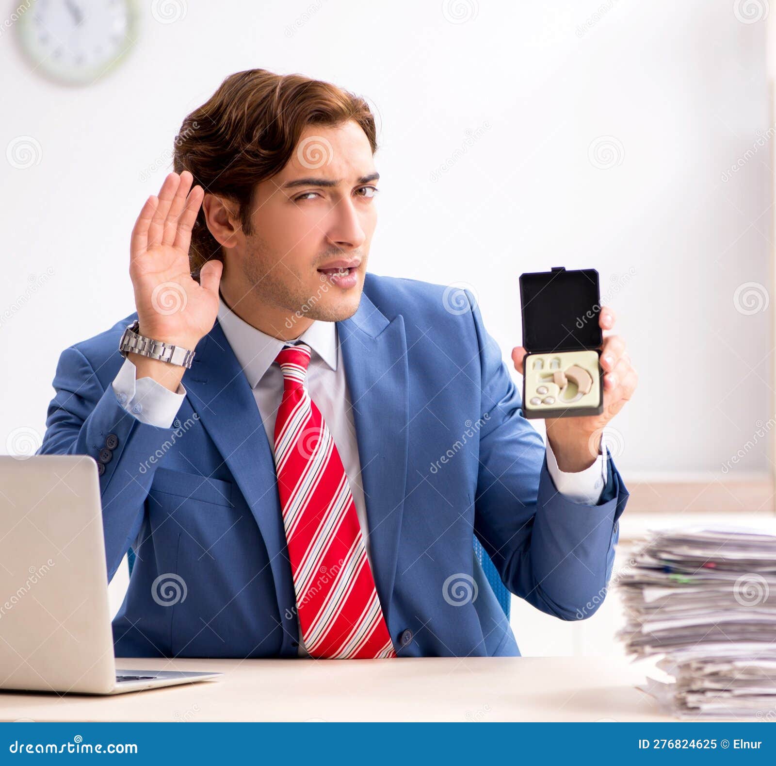 Deaf Employee Using Hearing Aid in Office Stock Image - Image of desk ...