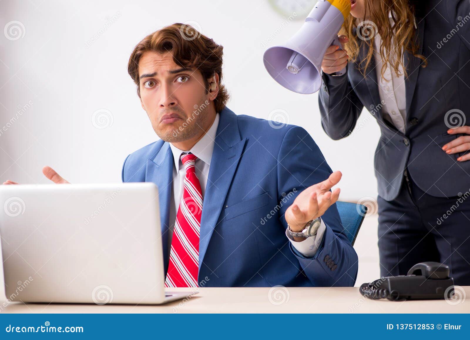 The Deaf Employee Using Hearing Aid Talking To Boss Stock Image - Image ...
