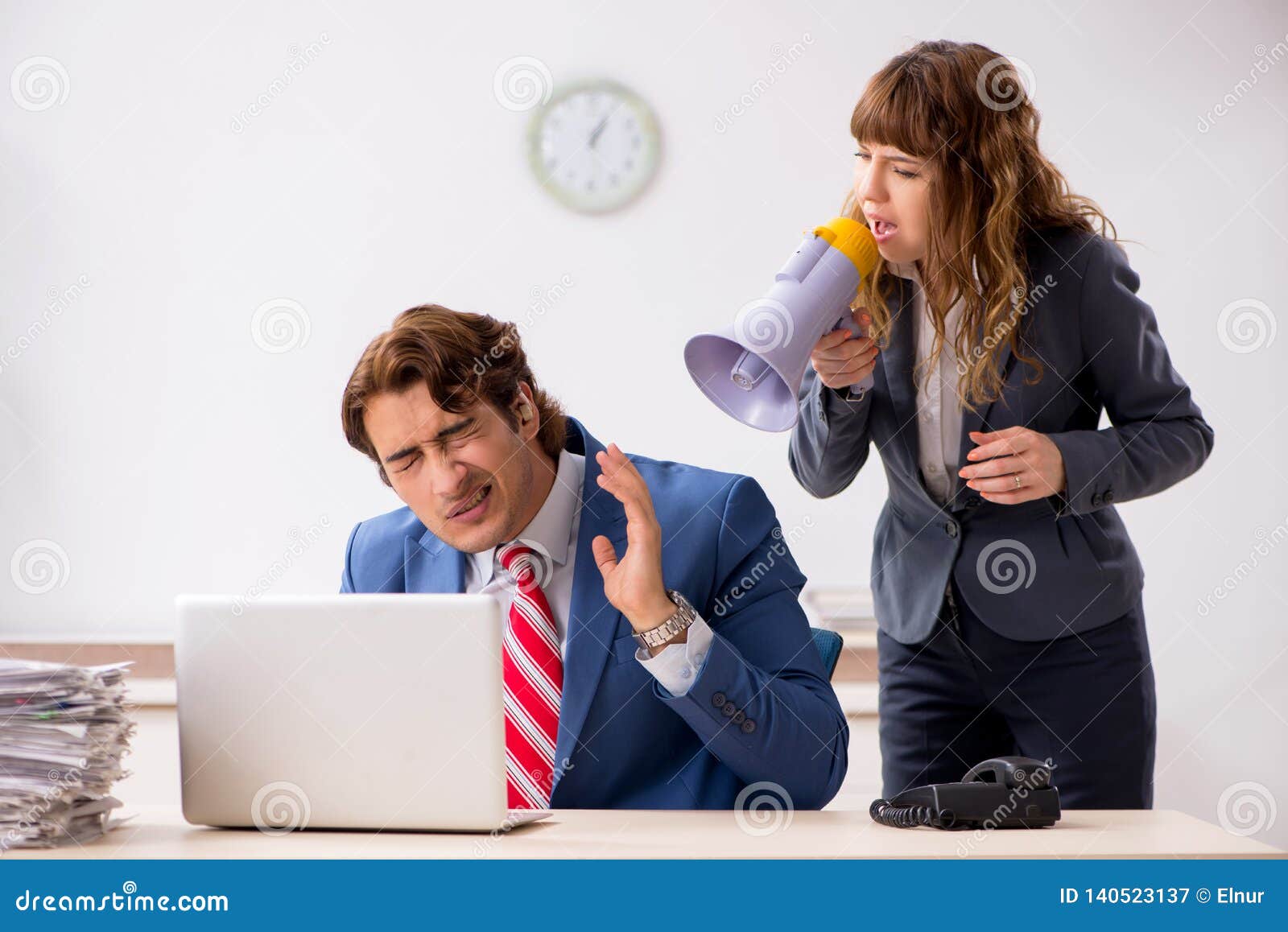 The Deaf Employee Using Hearing Aid Talking To Boss Stock Image - Image ...
