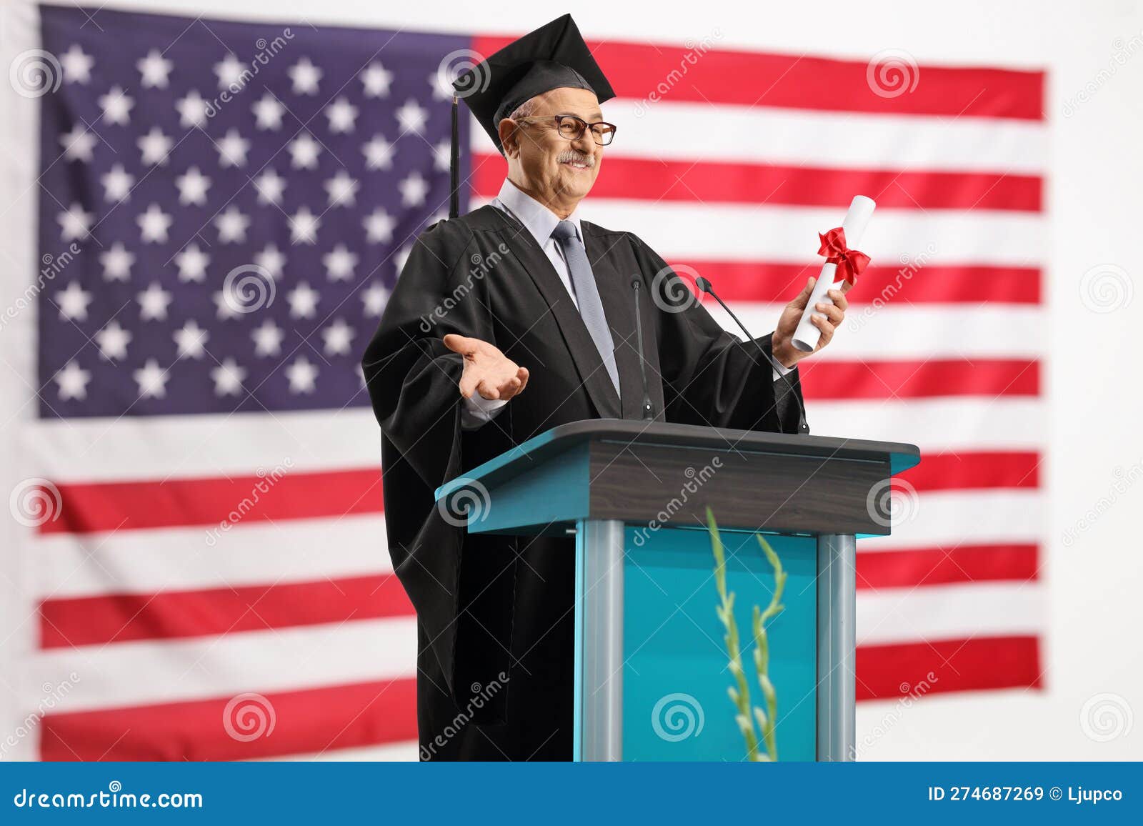 Dean Giving a Speech and Holding a Certificate with USA Flag in the ...
