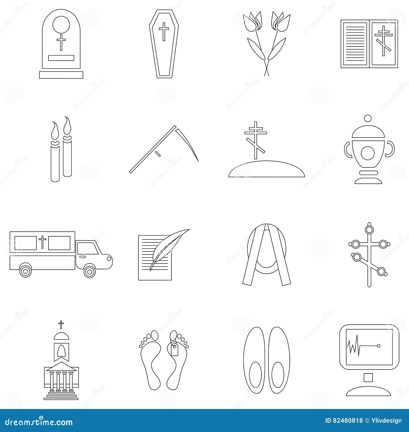 Death and Funeral Icons Set, Outline Style Stock Vector - Illustration ...