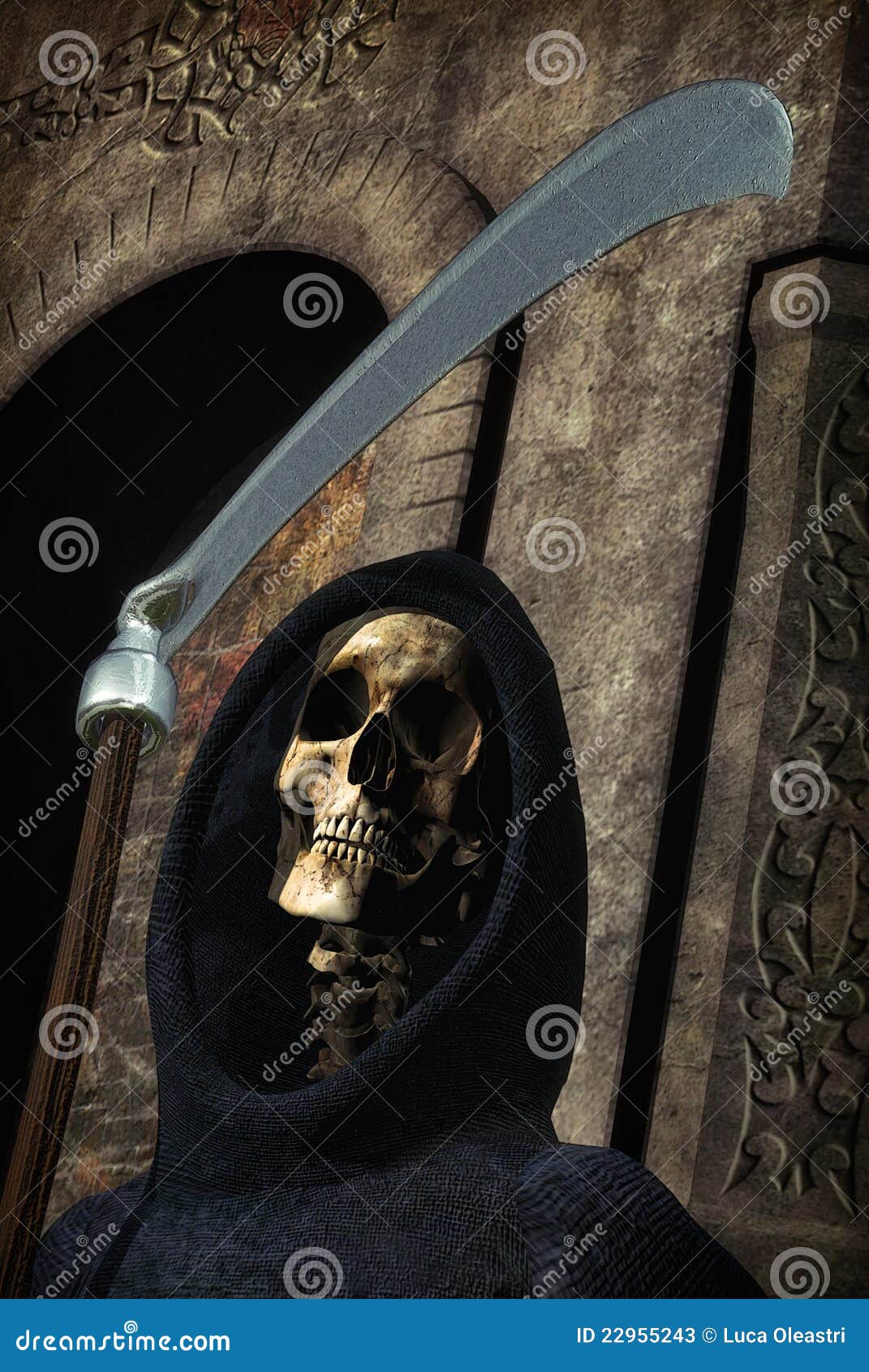 Death Grim Reaper Skeleton Wearing A Black Robe And Wielding A Scythe ...