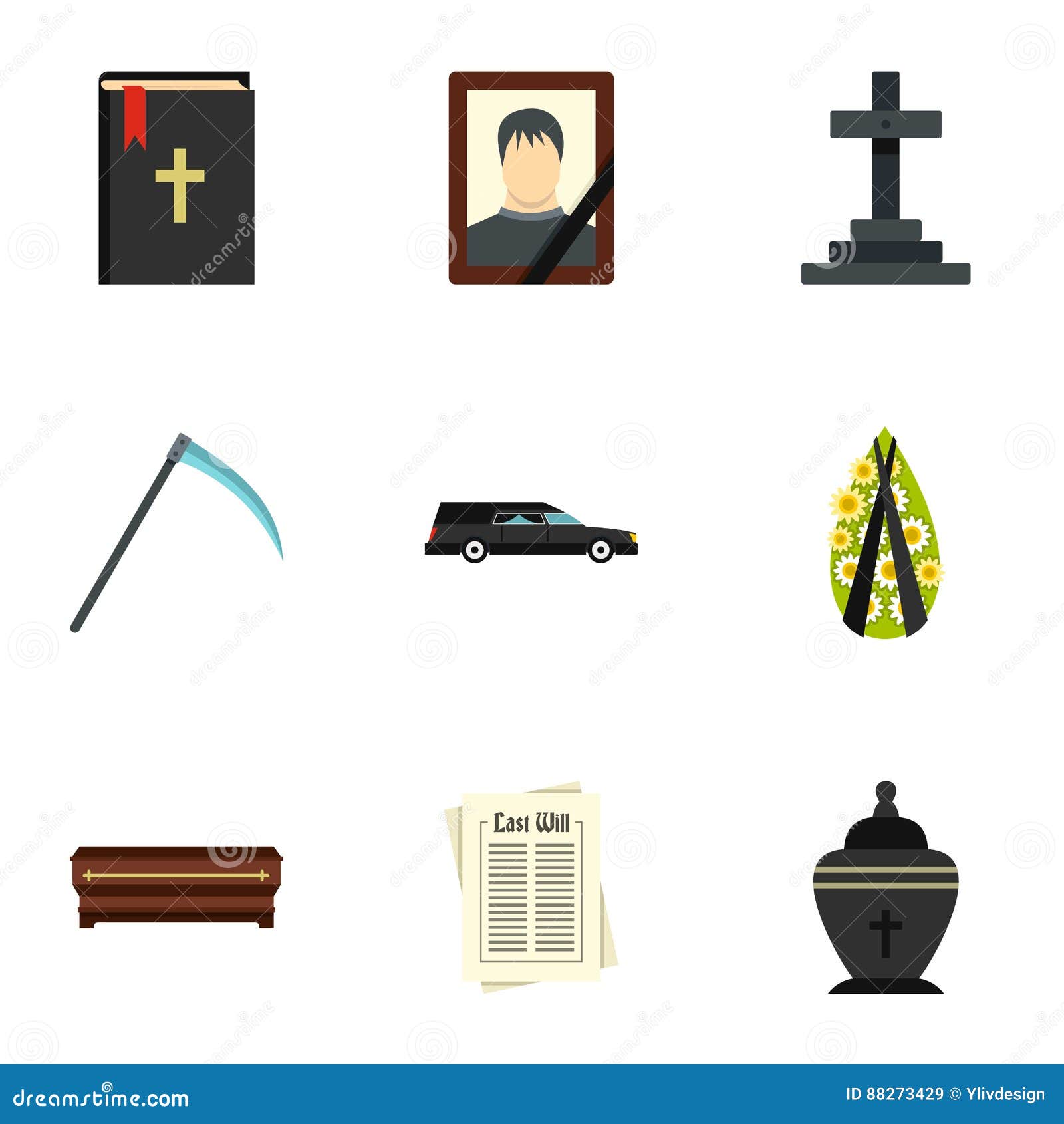 Death Icons Set, Flat Style Stock Vector - Illustration of cemetery ...