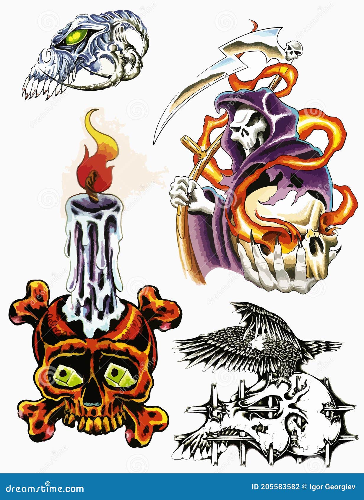 Death Tattoo Flash Set. Set of Horror Labels and Elements. Vector ...