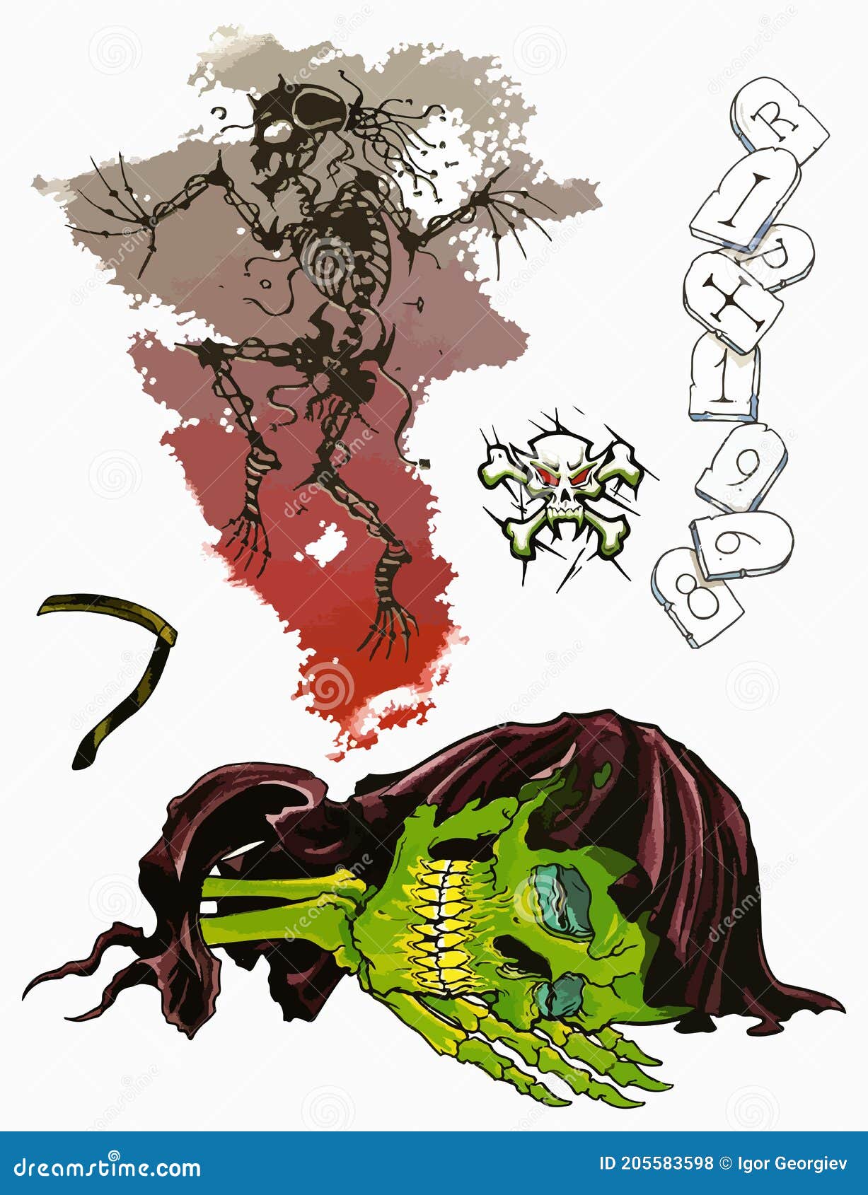 Death Tattoo Flash Set. Set of Horror Labels and Elements. Vector ...