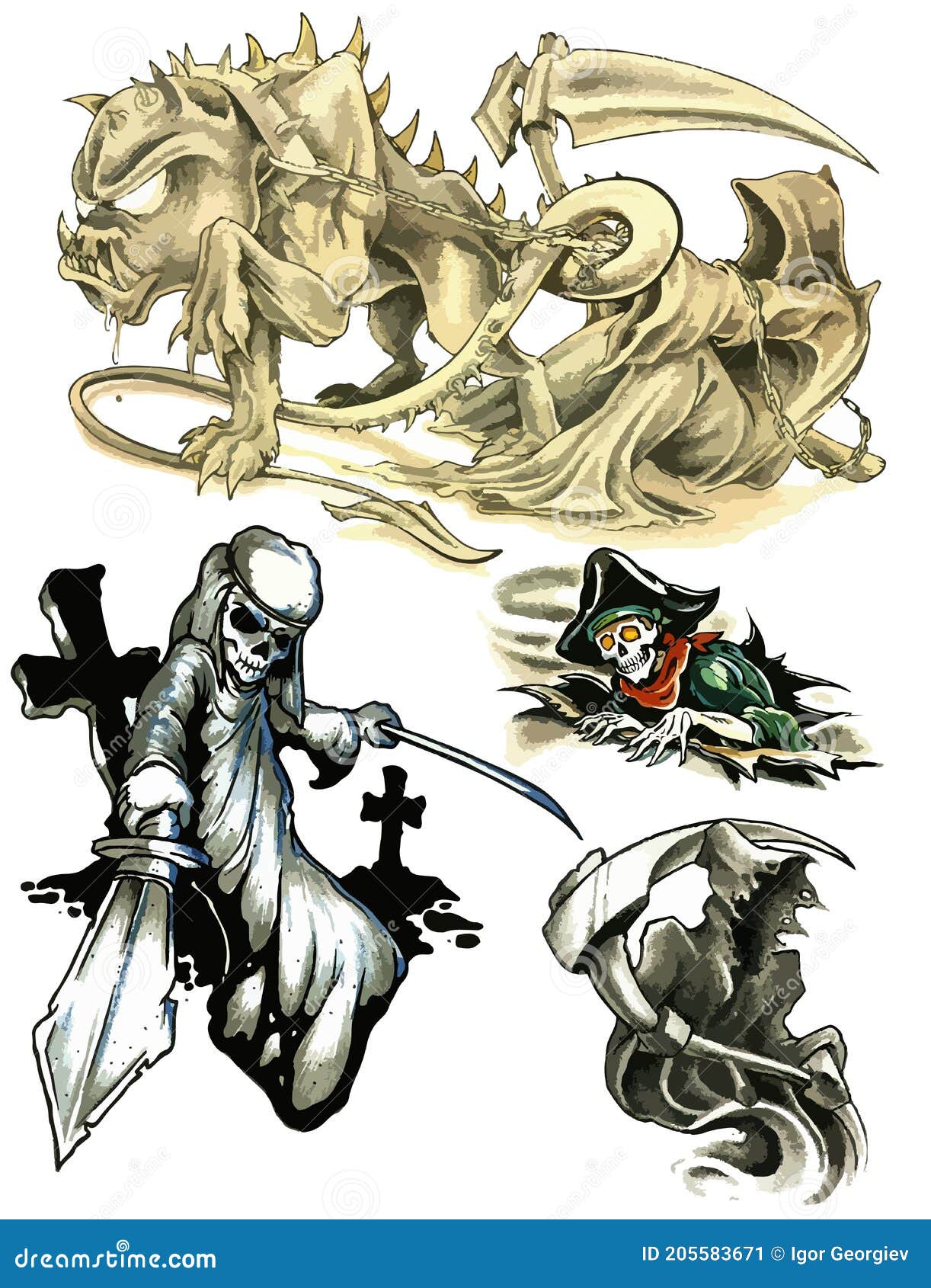 Death Tattoo Flash Set. Set of Horror Labels and Elements. Vector ...