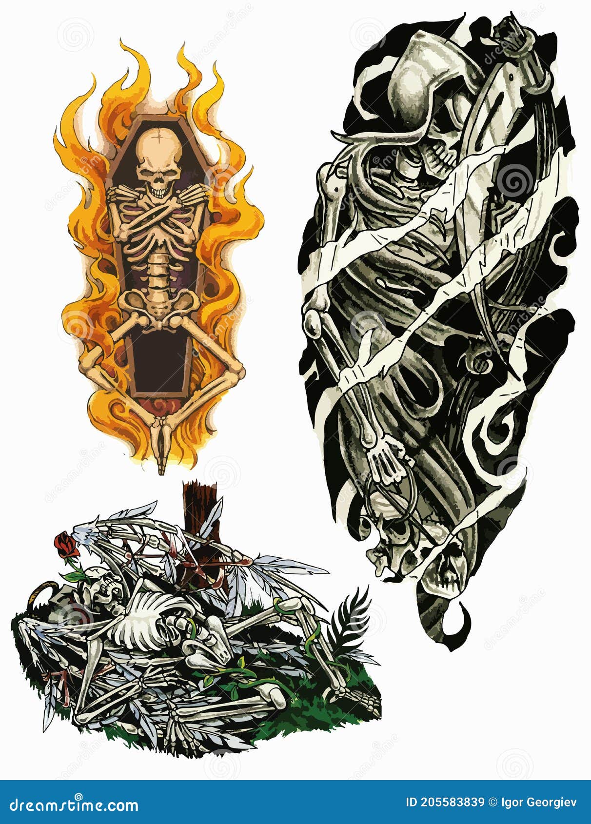 Death Tattoo Flash Set. Set of Horror Labels and Elements. Vector ...