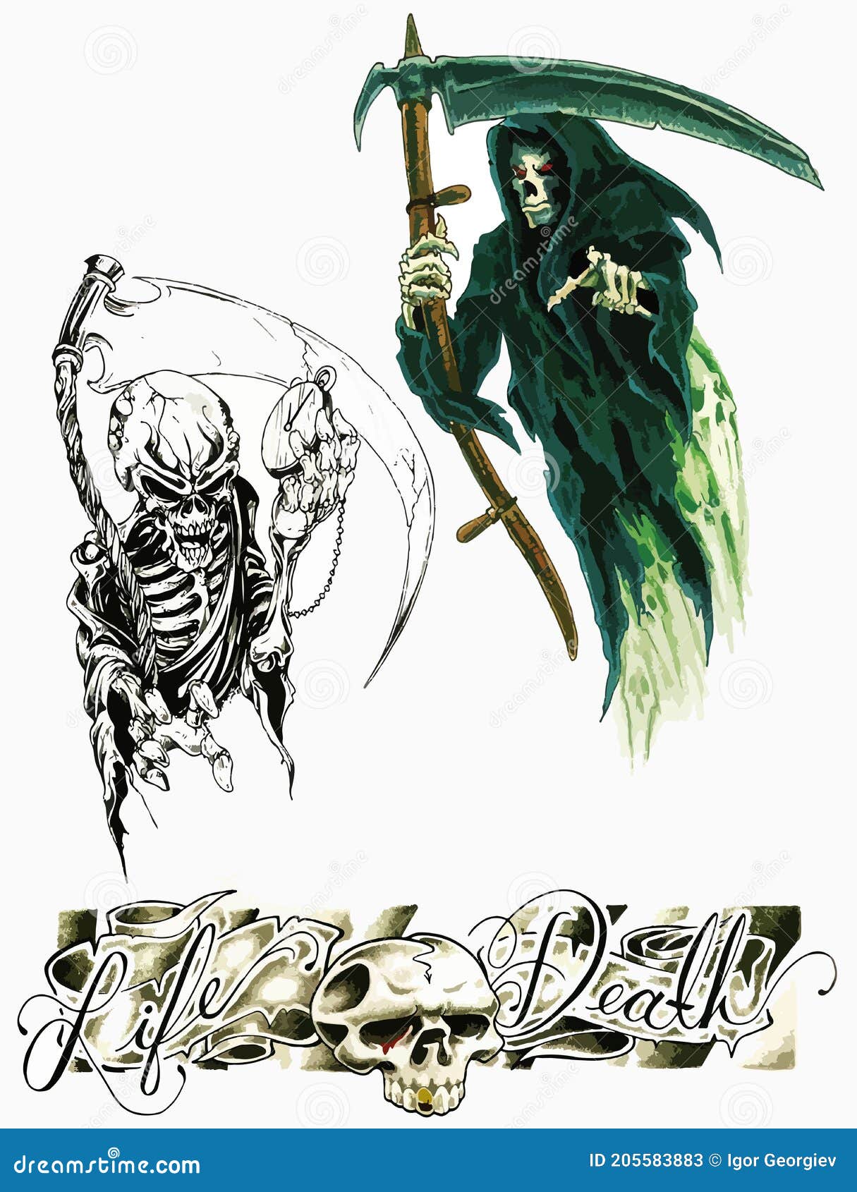 Death Tattoo Flash Set. Set of Horror Labels and Elements. Vector ...