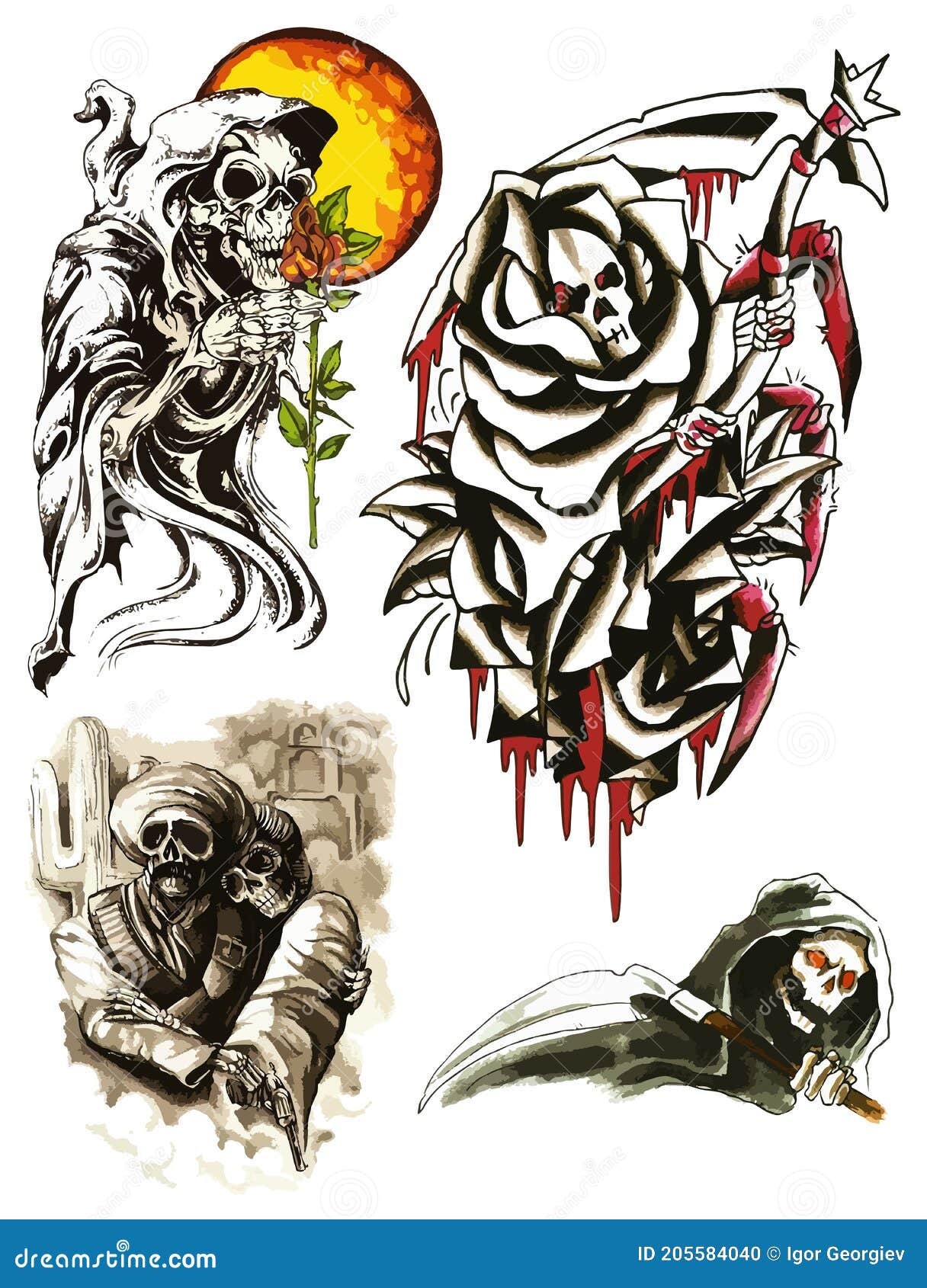 Death Tattoo Flash Set. Set of Horror Labels and Elements. Vector ...