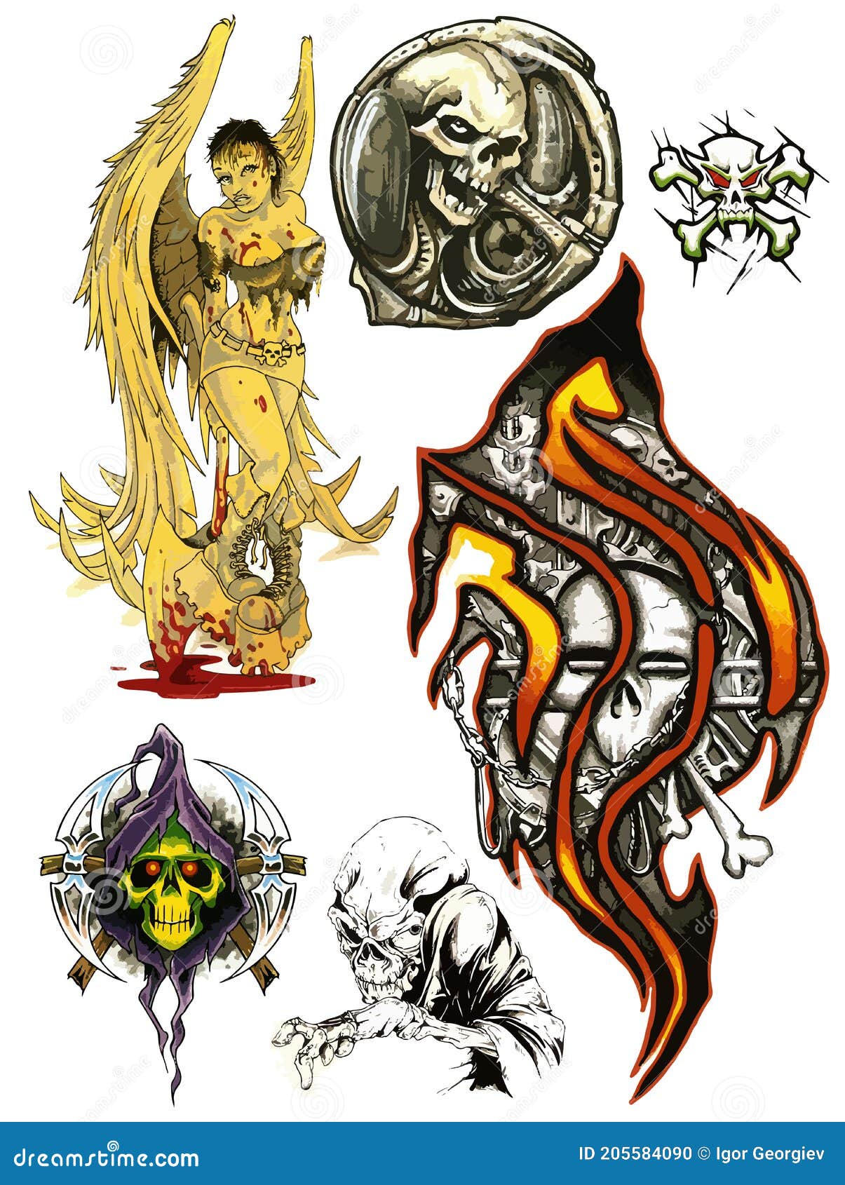 Death Tattoo Flash Set. Set of Horror Labels and Elements. Vector ...