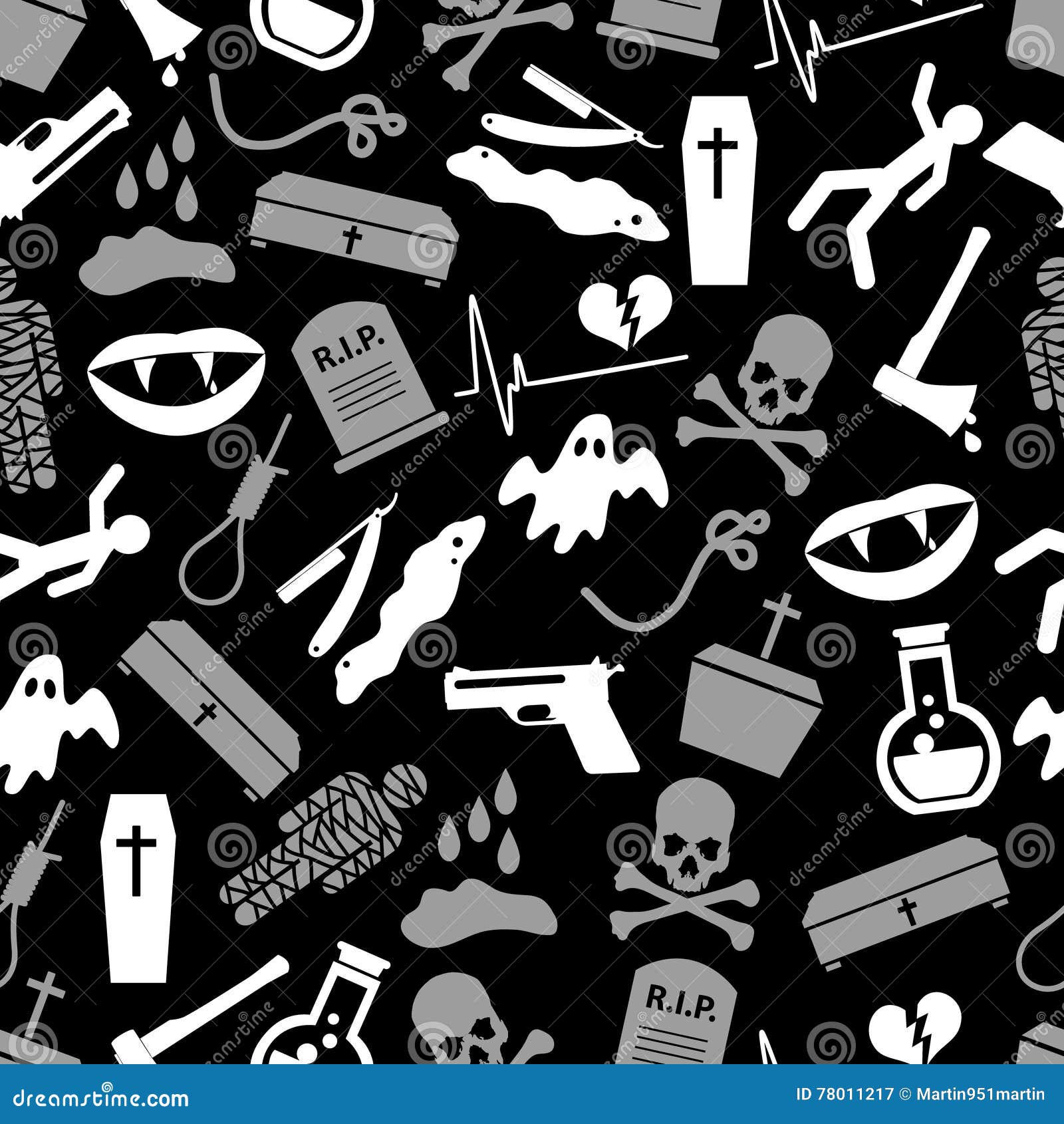 Death Theme Set of Vector Icons Black and White Seamless Pattern Eps10 ...