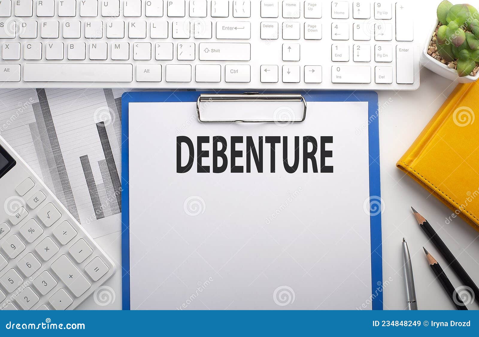 DEBENTURE Written on Paper with Keyboard, Chart, Calculator and ...