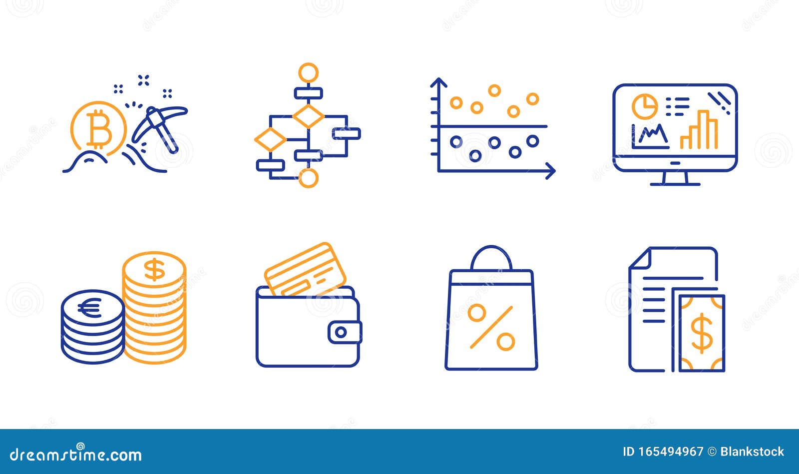 Debit Card, Block Diagram and Dot Plot Icons Set. Shopping Bag ...