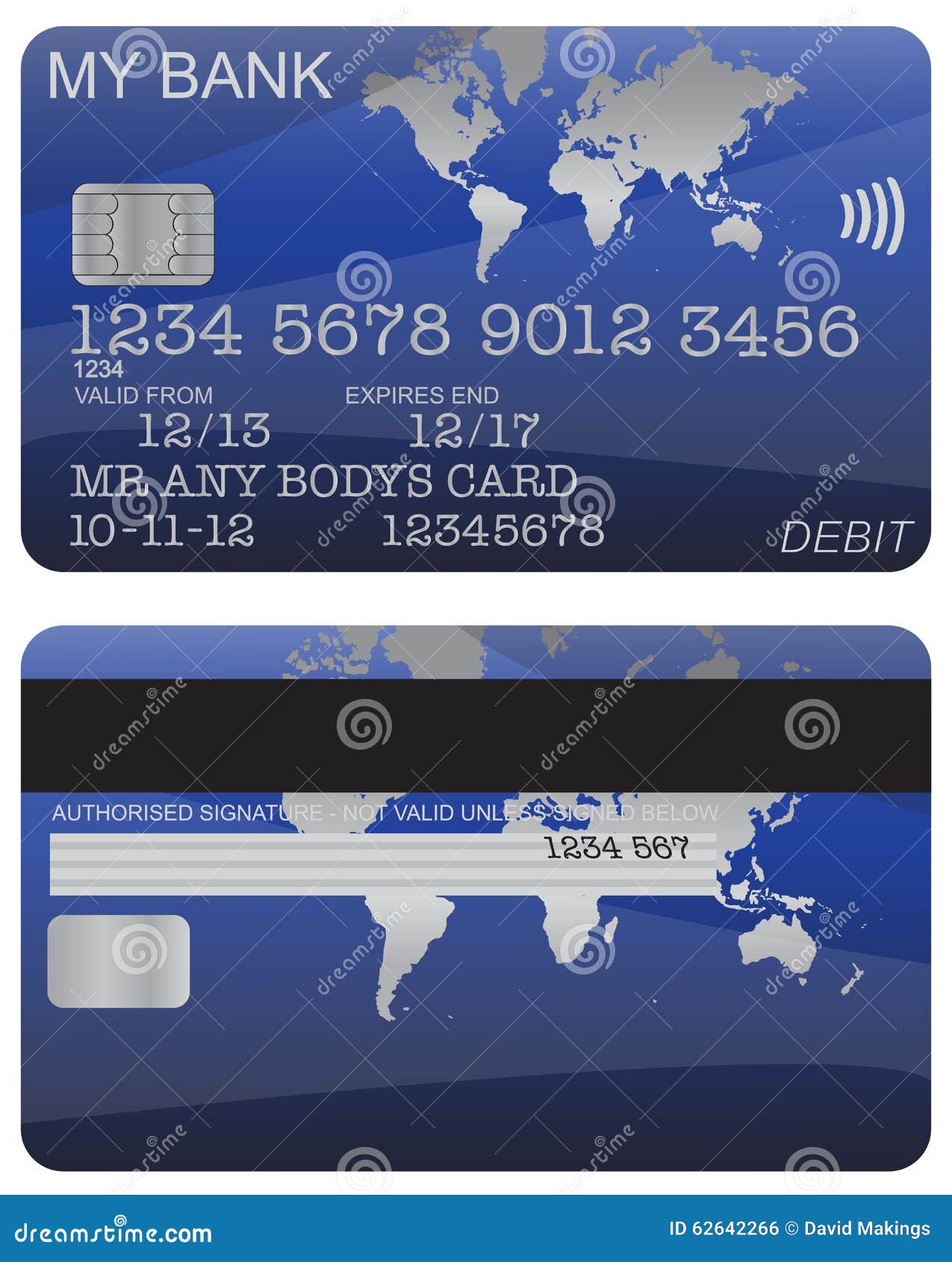 Debit Card Blue World Map stock illustration. Illustration of signature ...