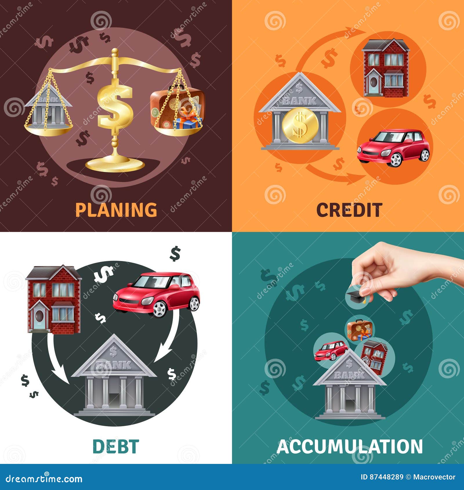 Debt Credit Concept 4 Flat Icons Stock Vector - Illustration of flat ...