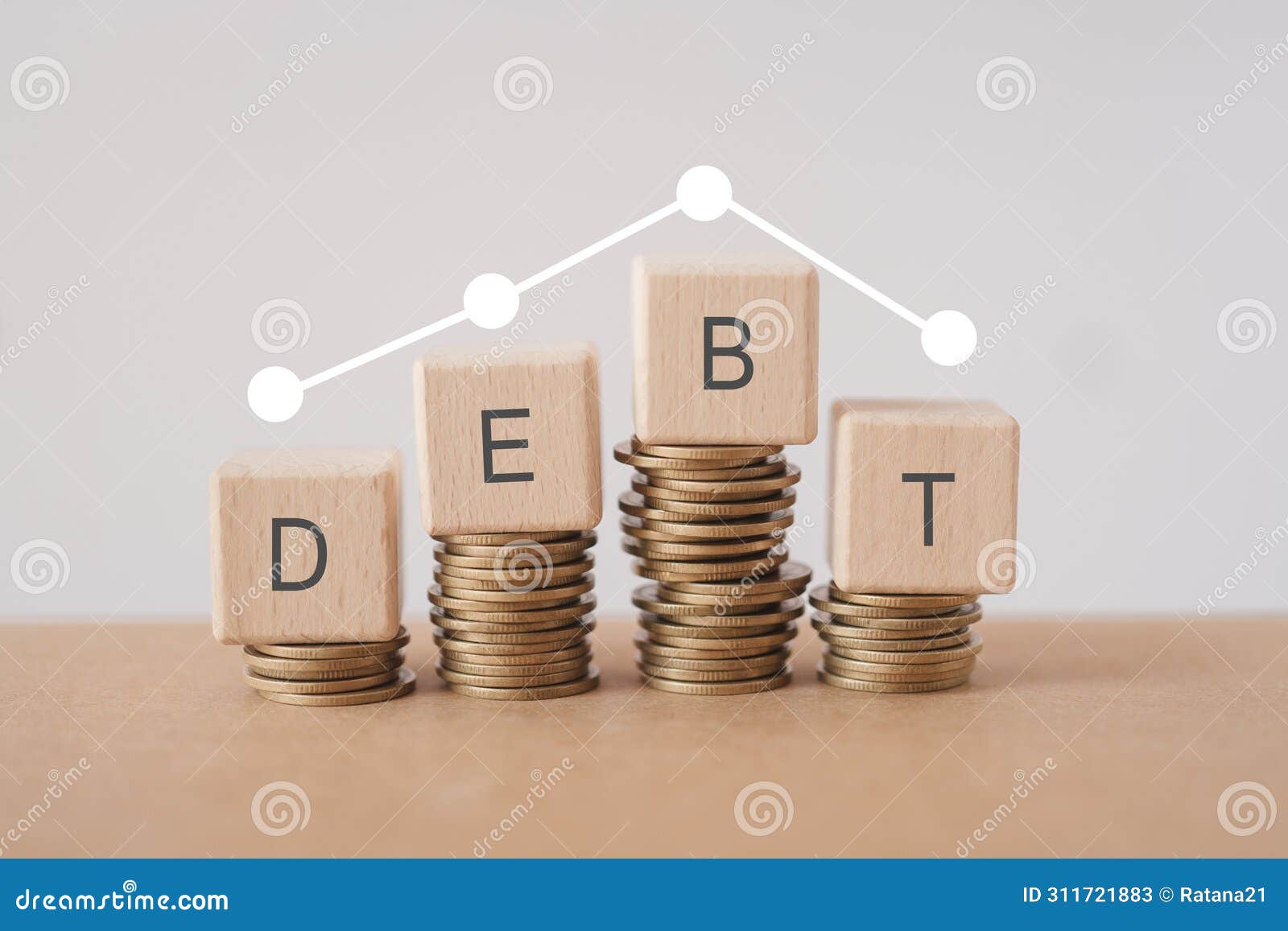 DEBT Word on Wooden Cube Blocks Word on Stack of Coin and Graph Above ...