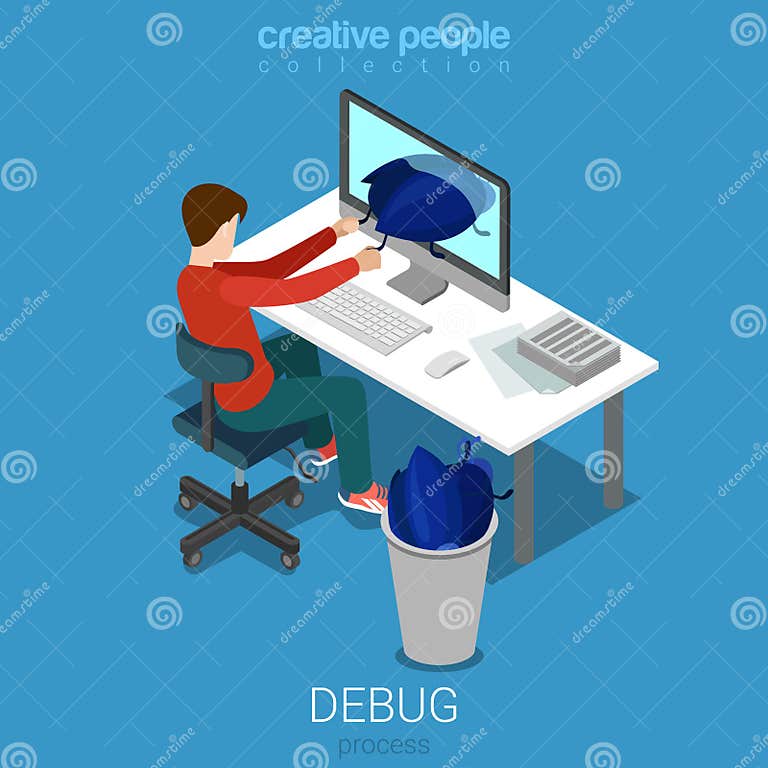 Debug Developer Programmer Code Workplace Flat Vector Isometric Stock ...