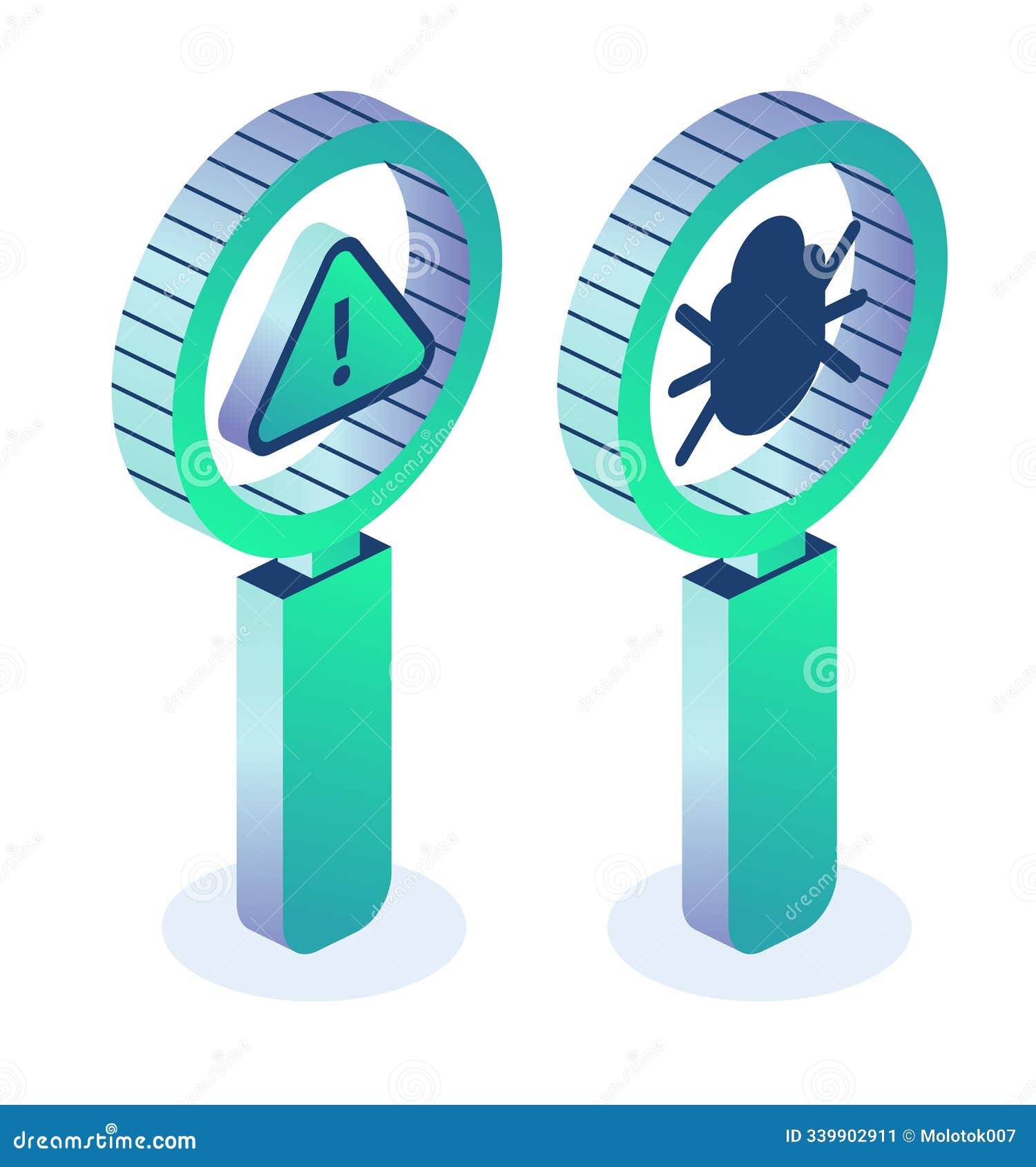 Debugging. Magnifying Glass With Bug And Exclamation Mark Isolated On ...