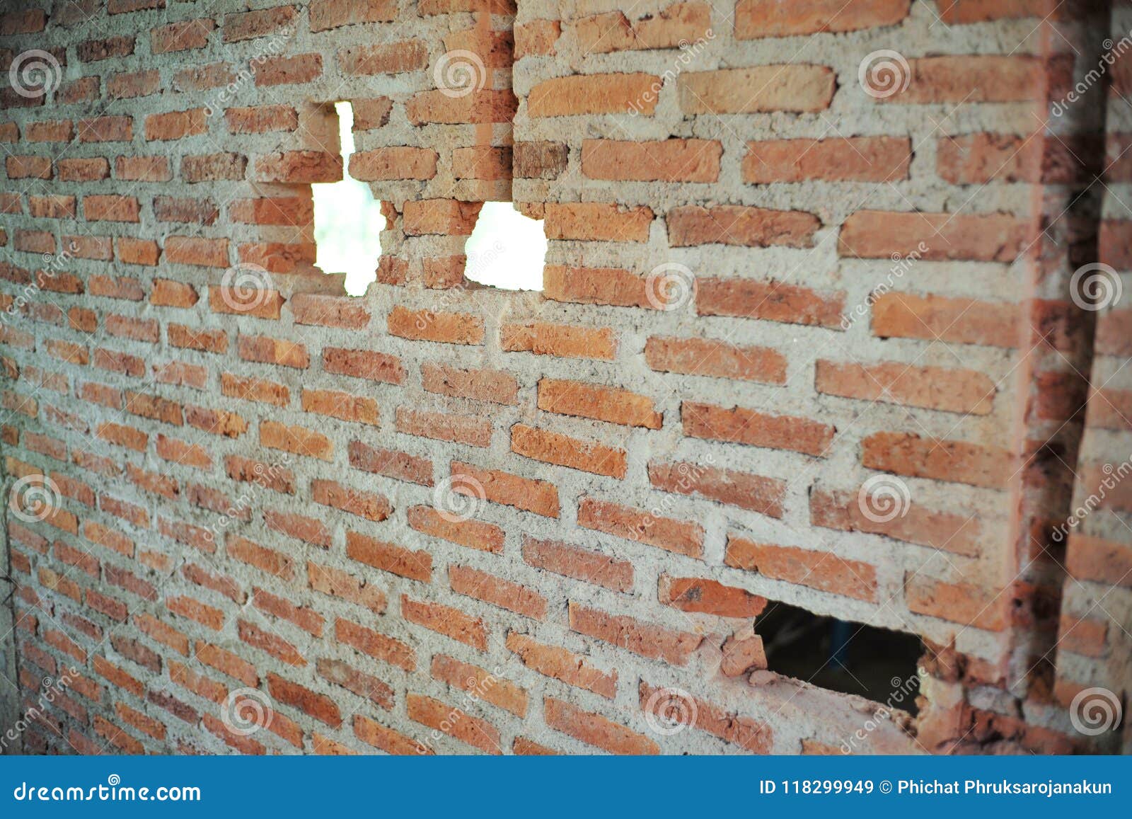 Decayed Brickwork Wall at the Construction Site. Holes on the ...