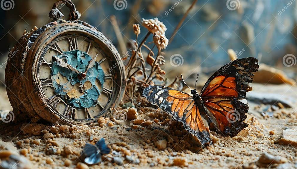 Decayed Clock and Butterfly in a Post-apocalyptic Setting Stock Image ...