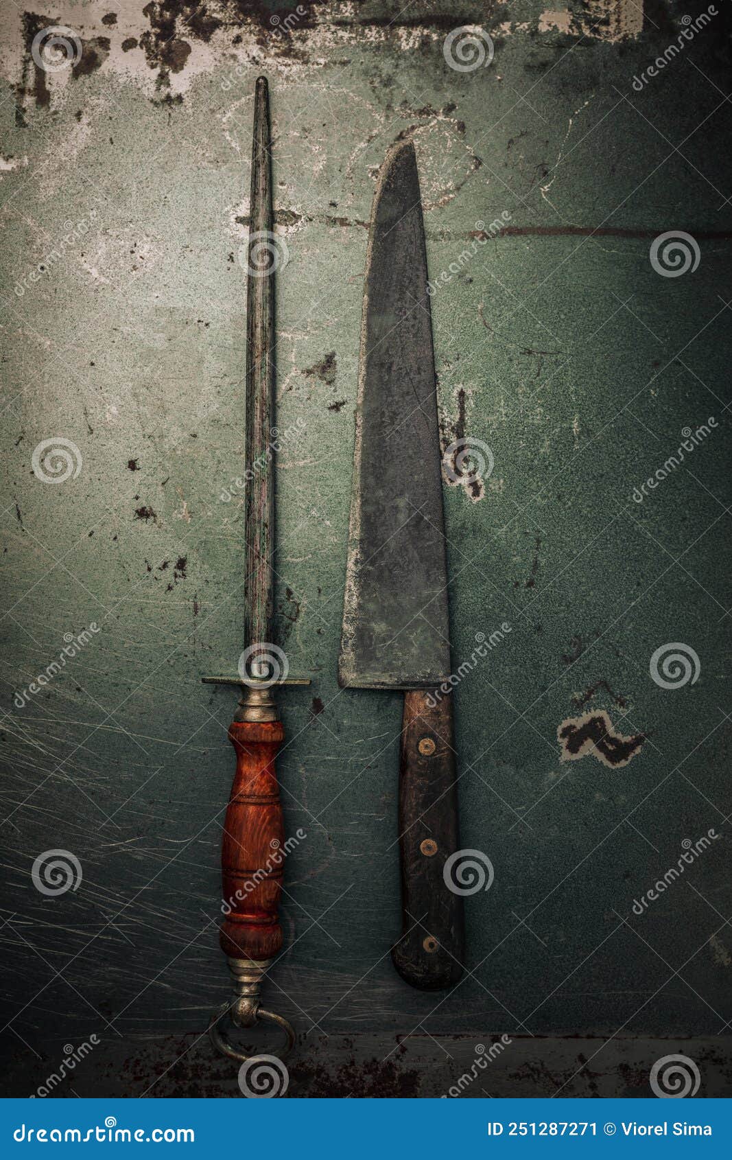 Decayed Metallic Texture with Set of Old Knife Sharpener and Knife ...