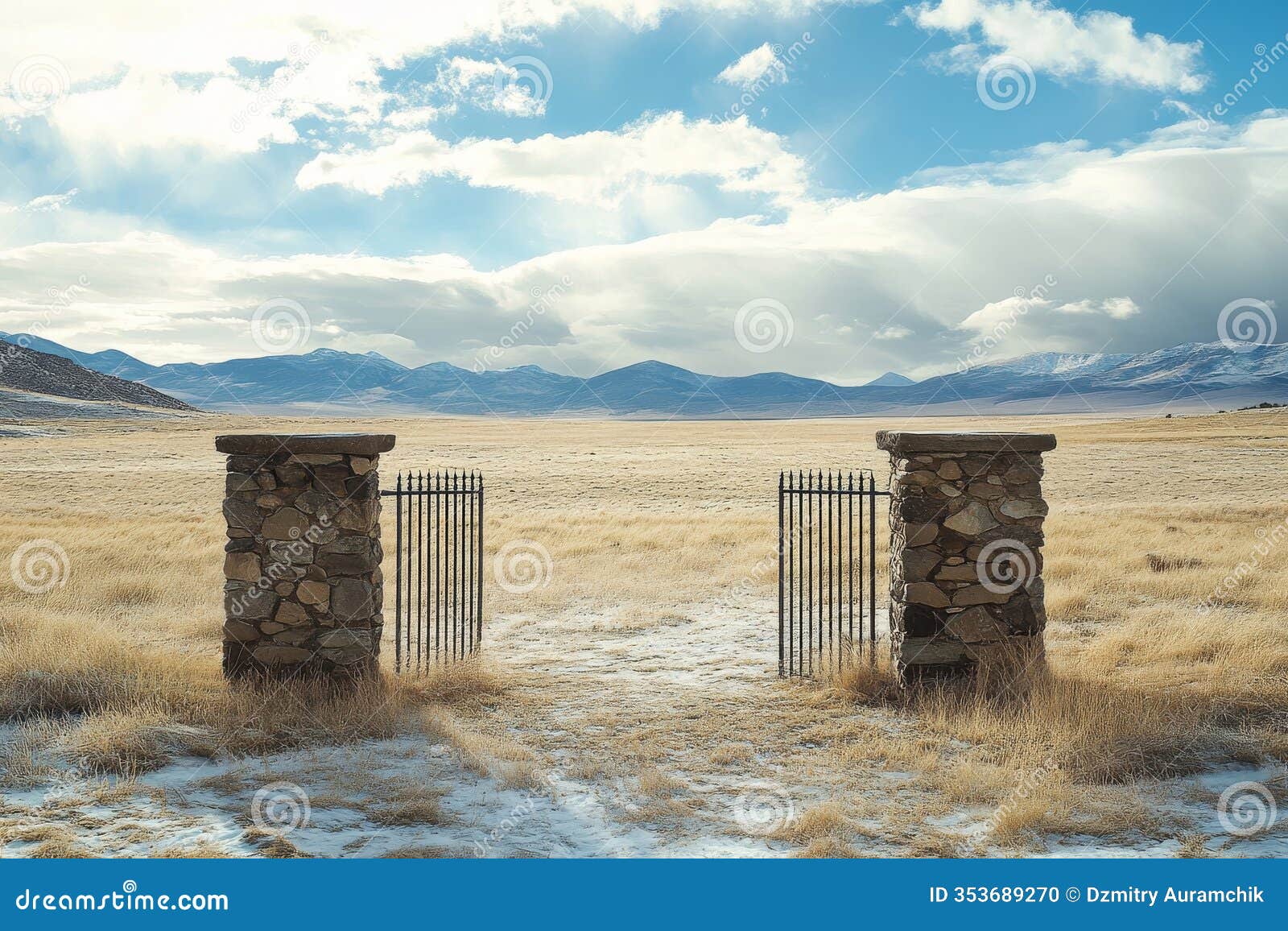 A Decayed Stone Gate, Wide-open Scenery, and Distant Hills Stock Photo ...