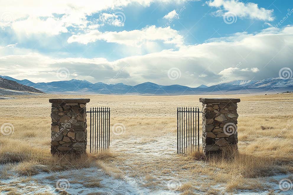 A Decayed Stone Gate, Wide-open Scenery, and Distant Hills Stock Photo ...