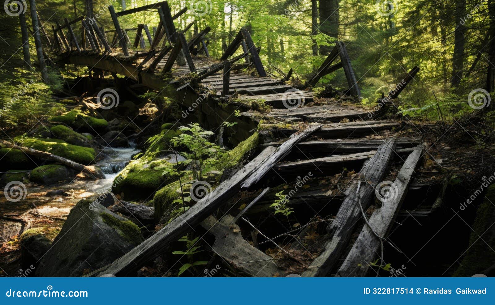 Decaying Bridge Lost in Forest, Silent and Forsaken Stock Illustration ...