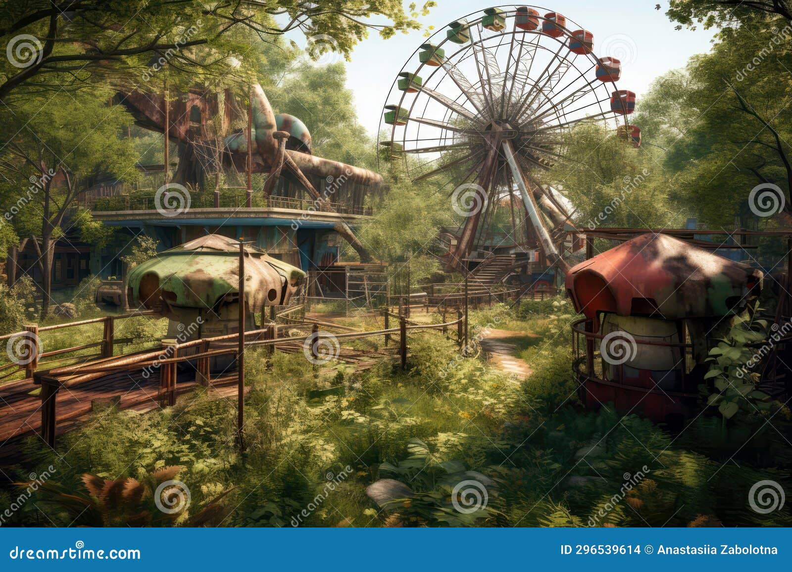 Decaying, Overgrown Amusement Park with Rusted Rides. Generative AI ...