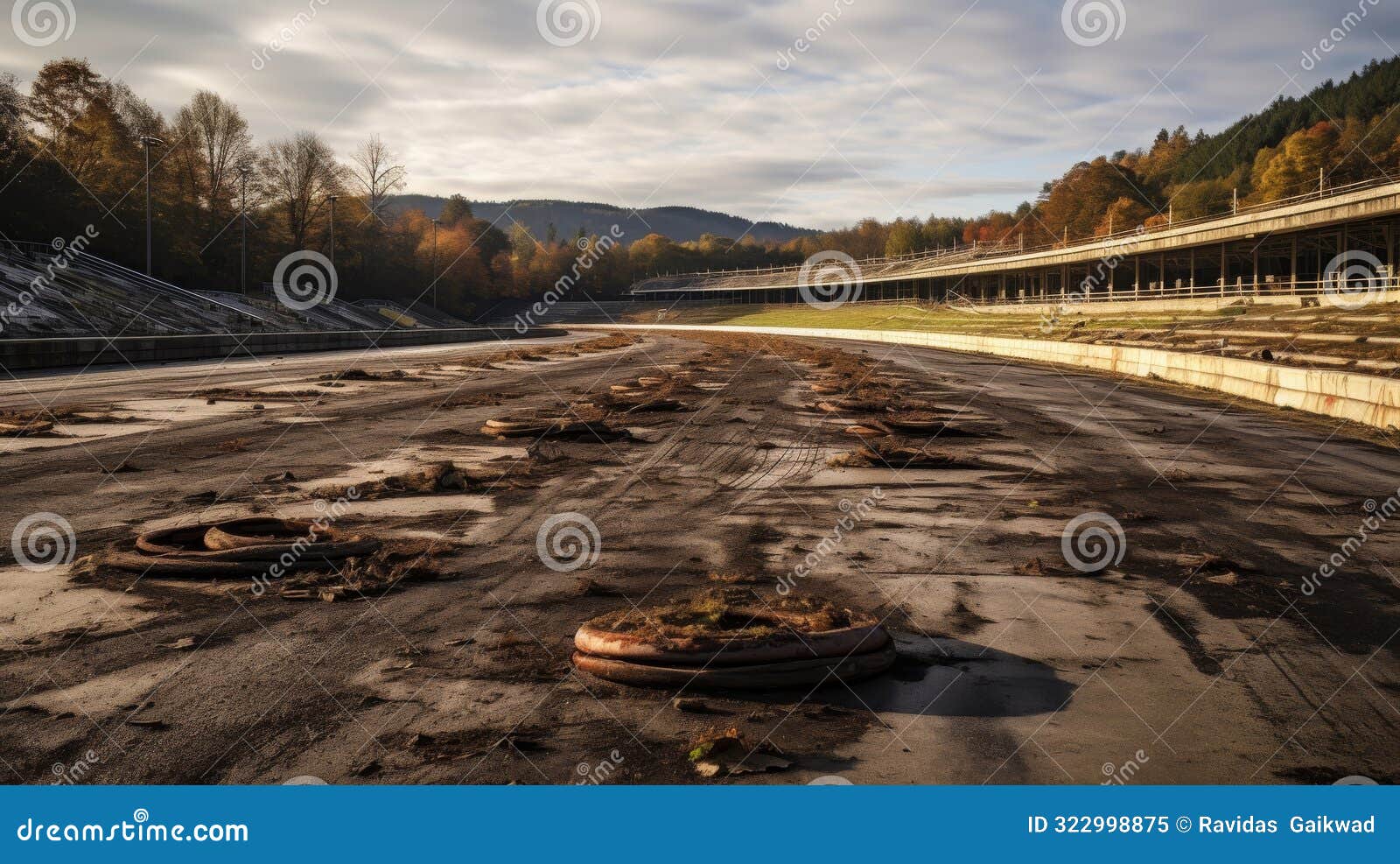 Decaying Race Track with Crumbling Stands, Forgotten and Silent Stock ...