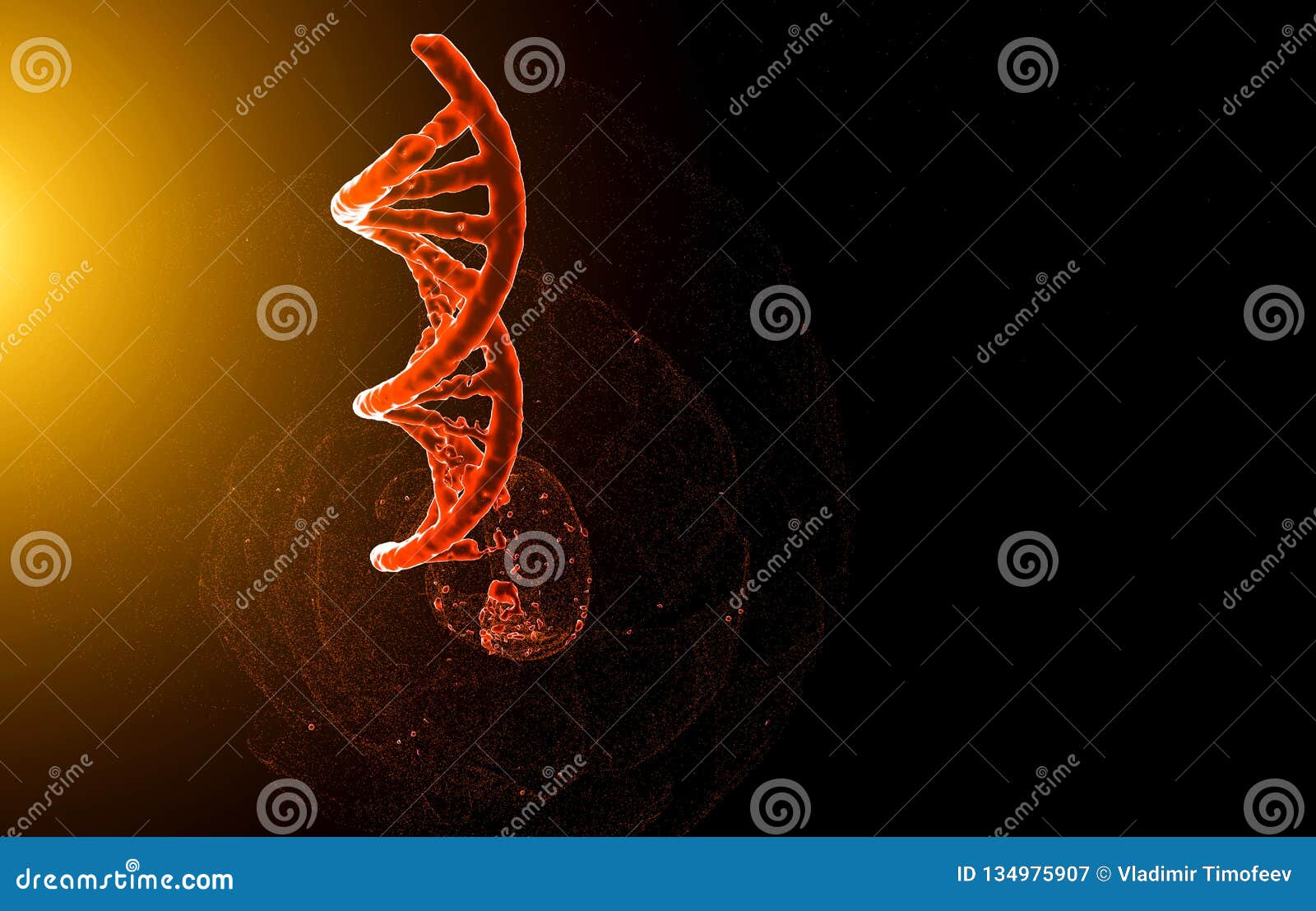 Decaying Red DNA Molecule on Background of Small Particles, 3D ...