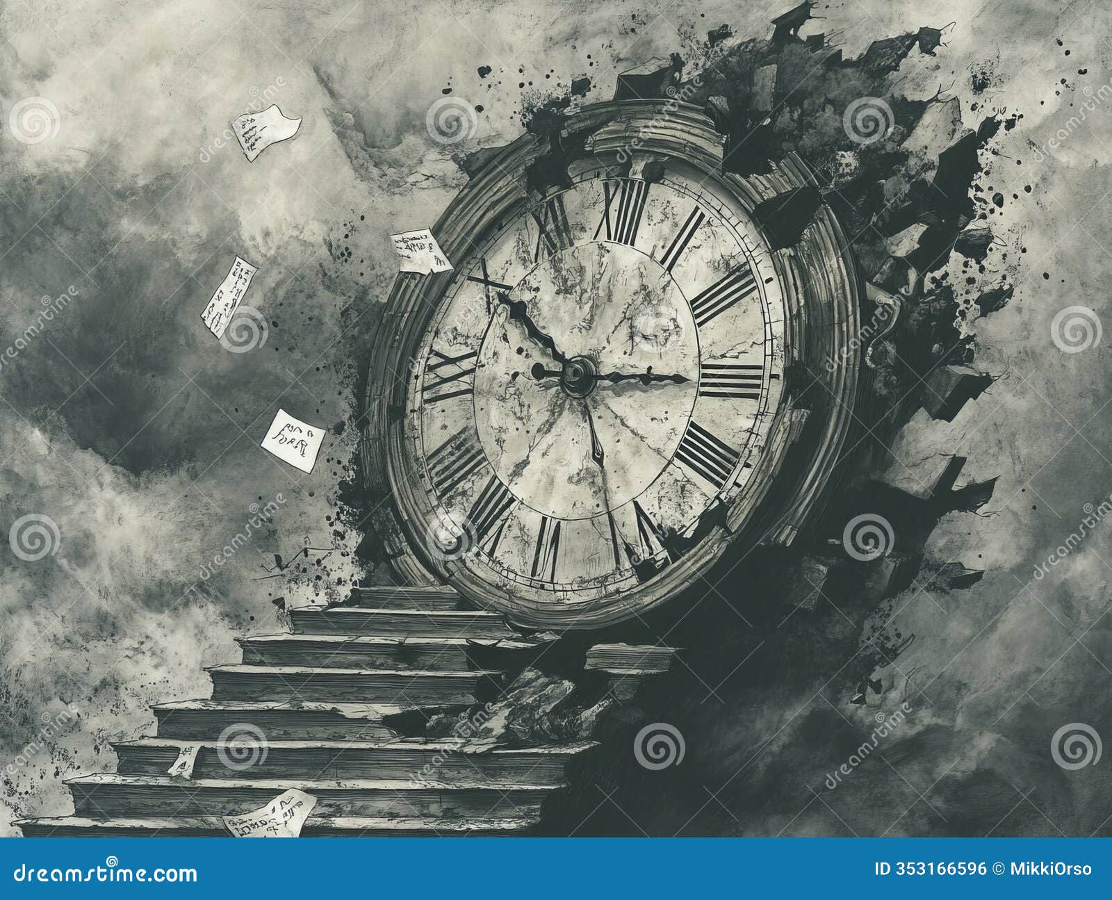 A Decaying Roman Numeral Clock Amidst Broken Stairs and Floating Papers ...