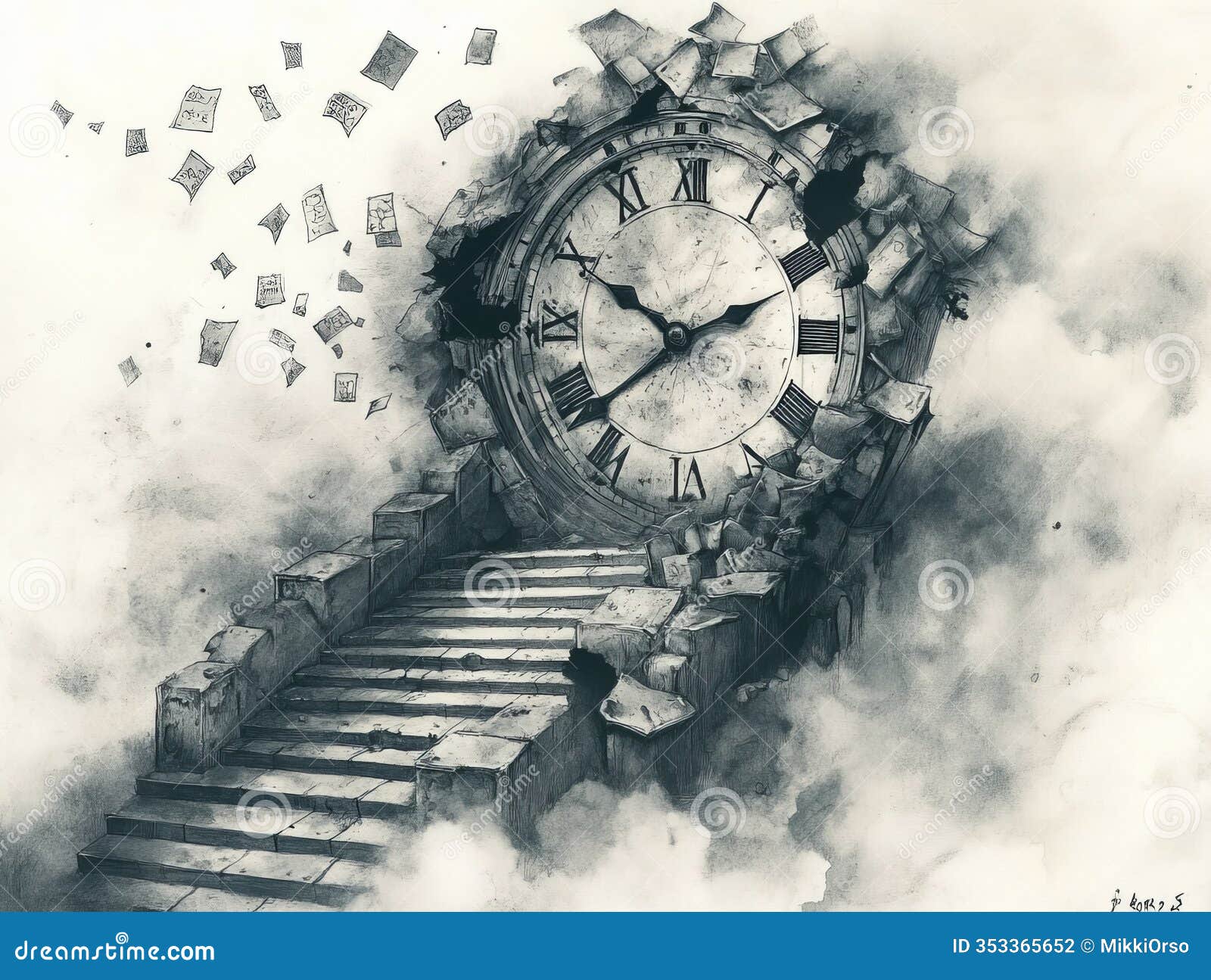 A Decaying Roman Numeral Clock Surrounded by Floating Papers and Broken ...