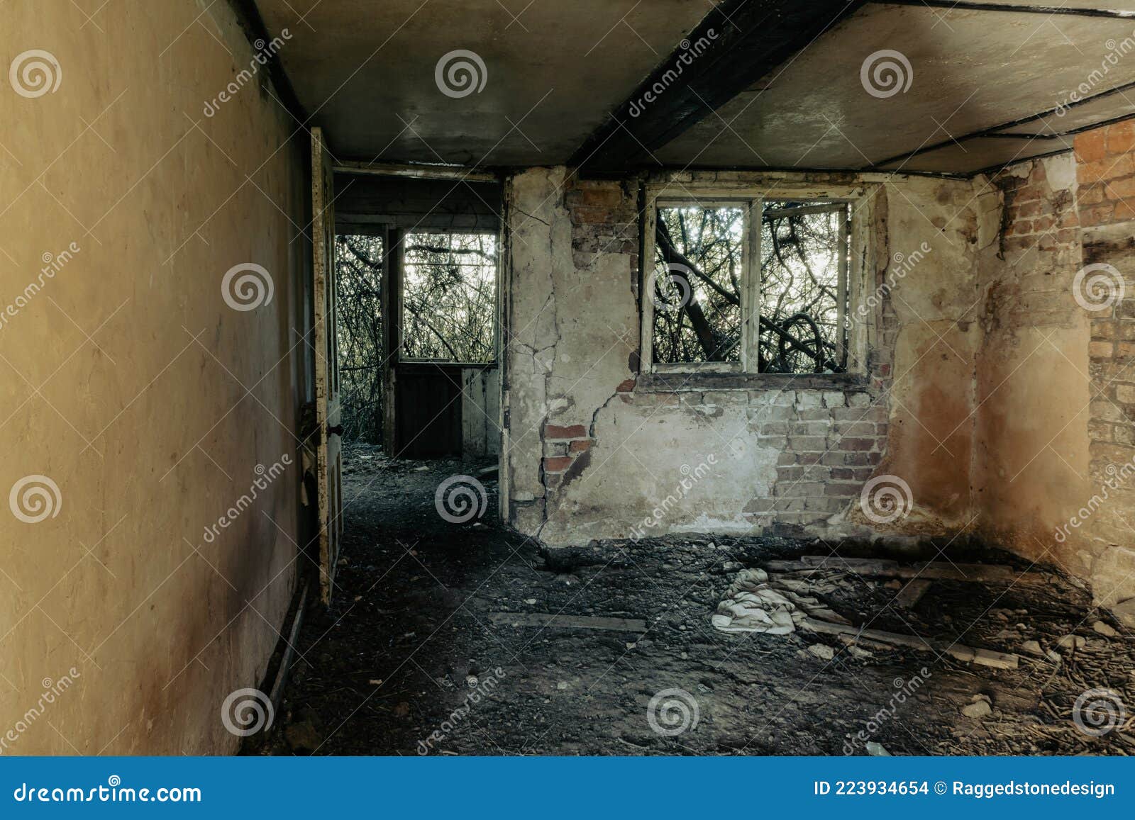 A Decaying Room in an Abandoned Ruined House. with Broken Doors and ...