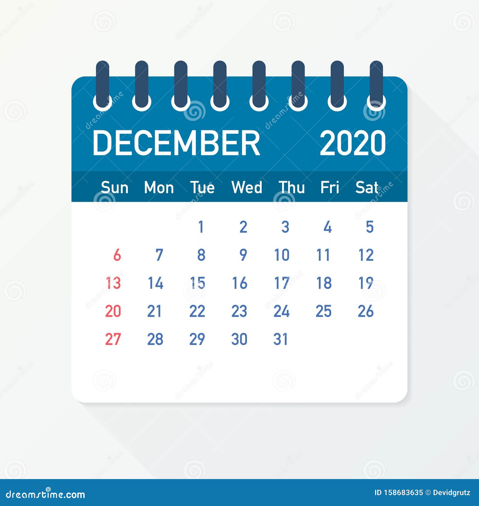 December 2020 Calendar Leaf. Calendar 2020 in Flat Style. A5 Size ...