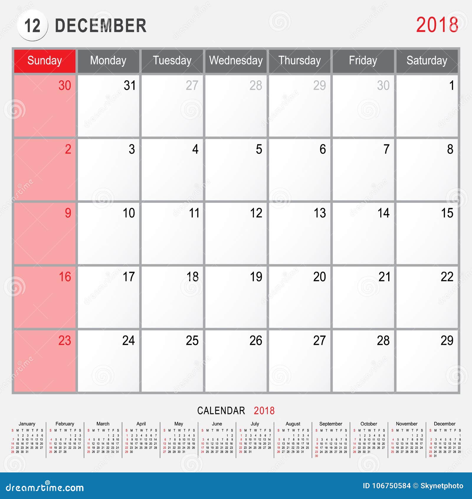 December 2018 Calendar Planner Design Stock Vector - Illustration of ...