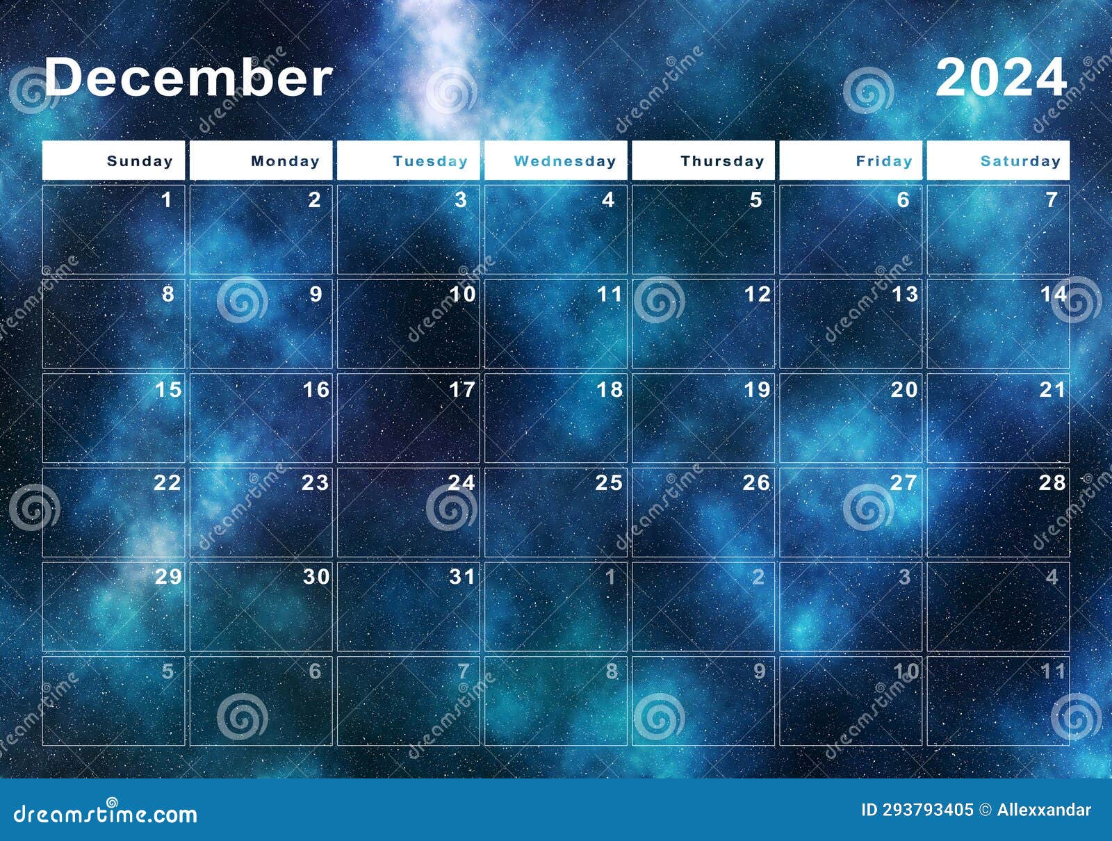 December 2024 Calendar, Week Start Sunday Stock Illustration ...