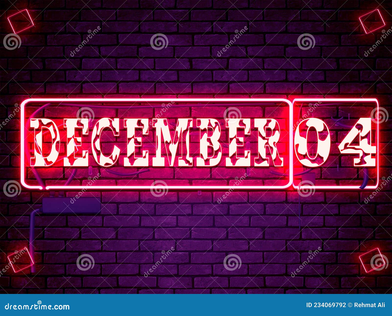 04 December. Calendar on Workplace Neon Text Effect on Bricks ...