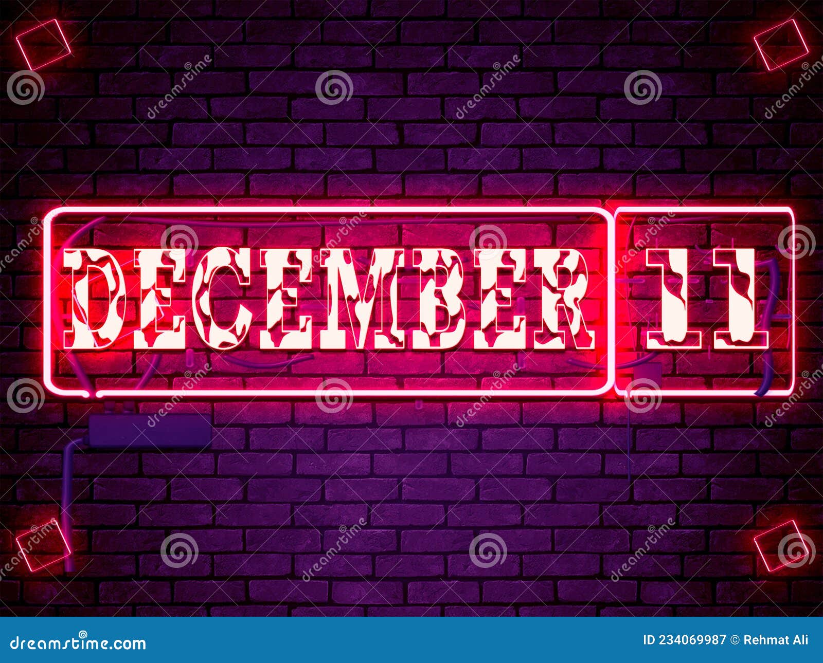 11 December. Calendar on Workplace Neon Text Effect on Bricks ...