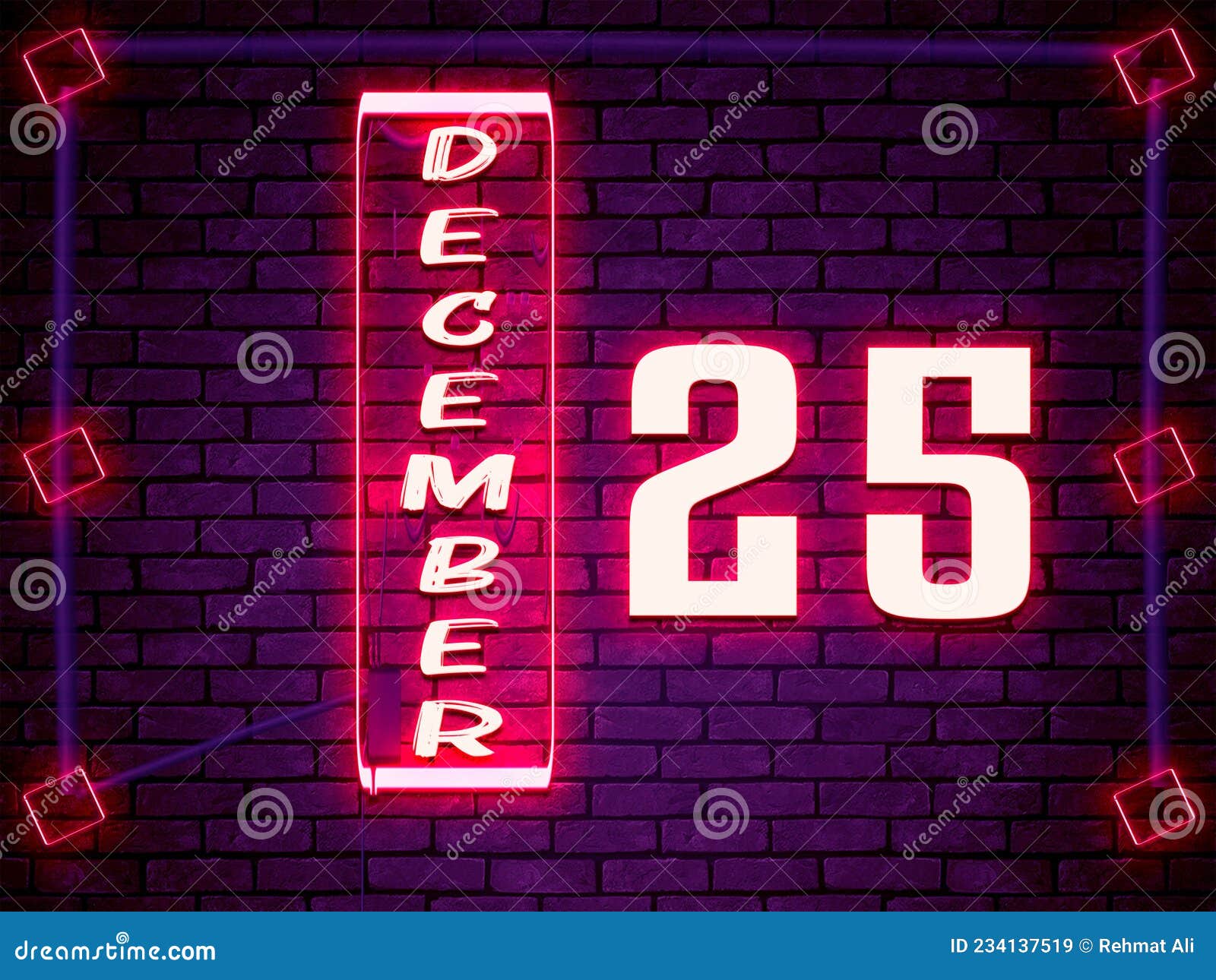 25 December. Calendar on Workplace Neon Text Effect on Bricks ...