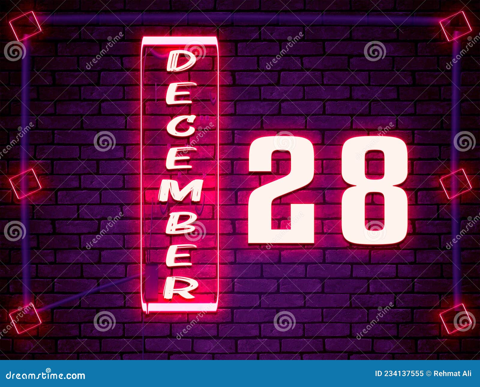 28 December. Calendar on Workplace Neon Text Effect on Bricks ...