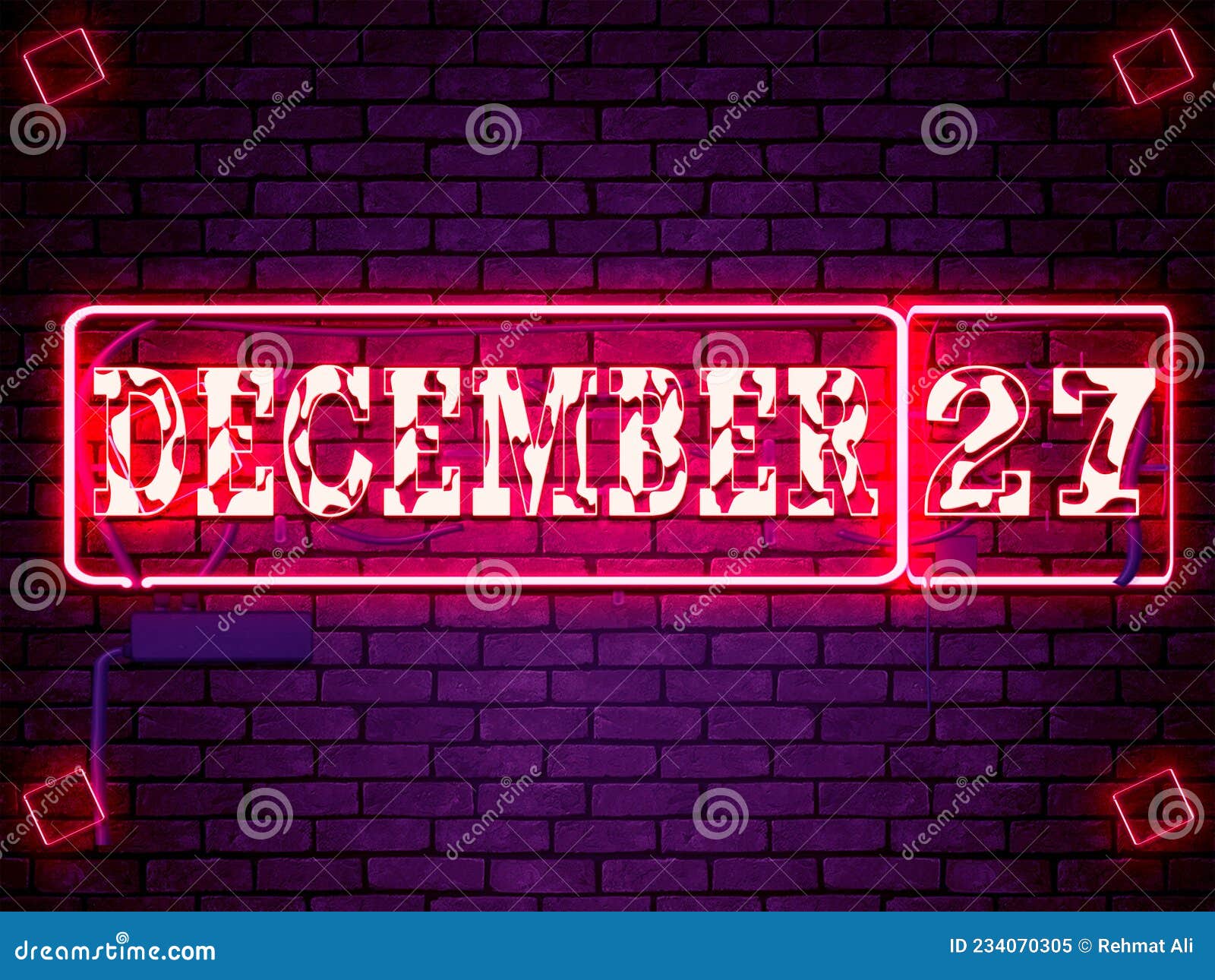 27 December. Calendar on Workplace Neon Text Effect on Bricks ...