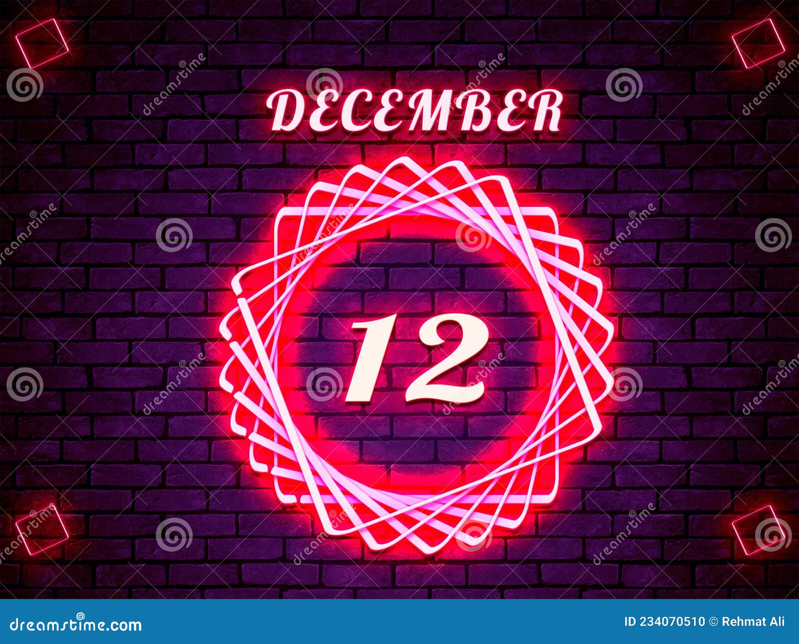 12 December. Calendar on Workplace Neon Text Effect on Bricks ...