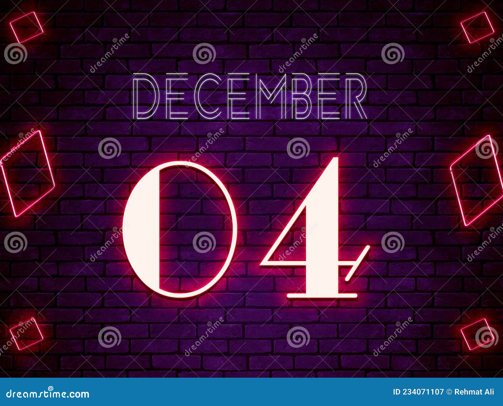 04 December. Calendar on Workplace Neon Text Effect on Bricks ...