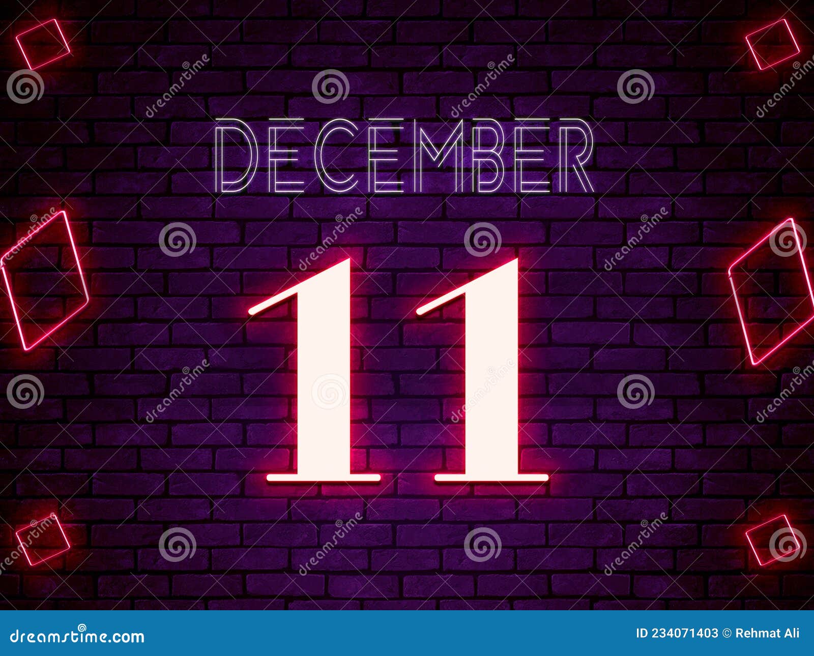 11 December. Calendar on Workplace Neon Text Effect on Bricks ...