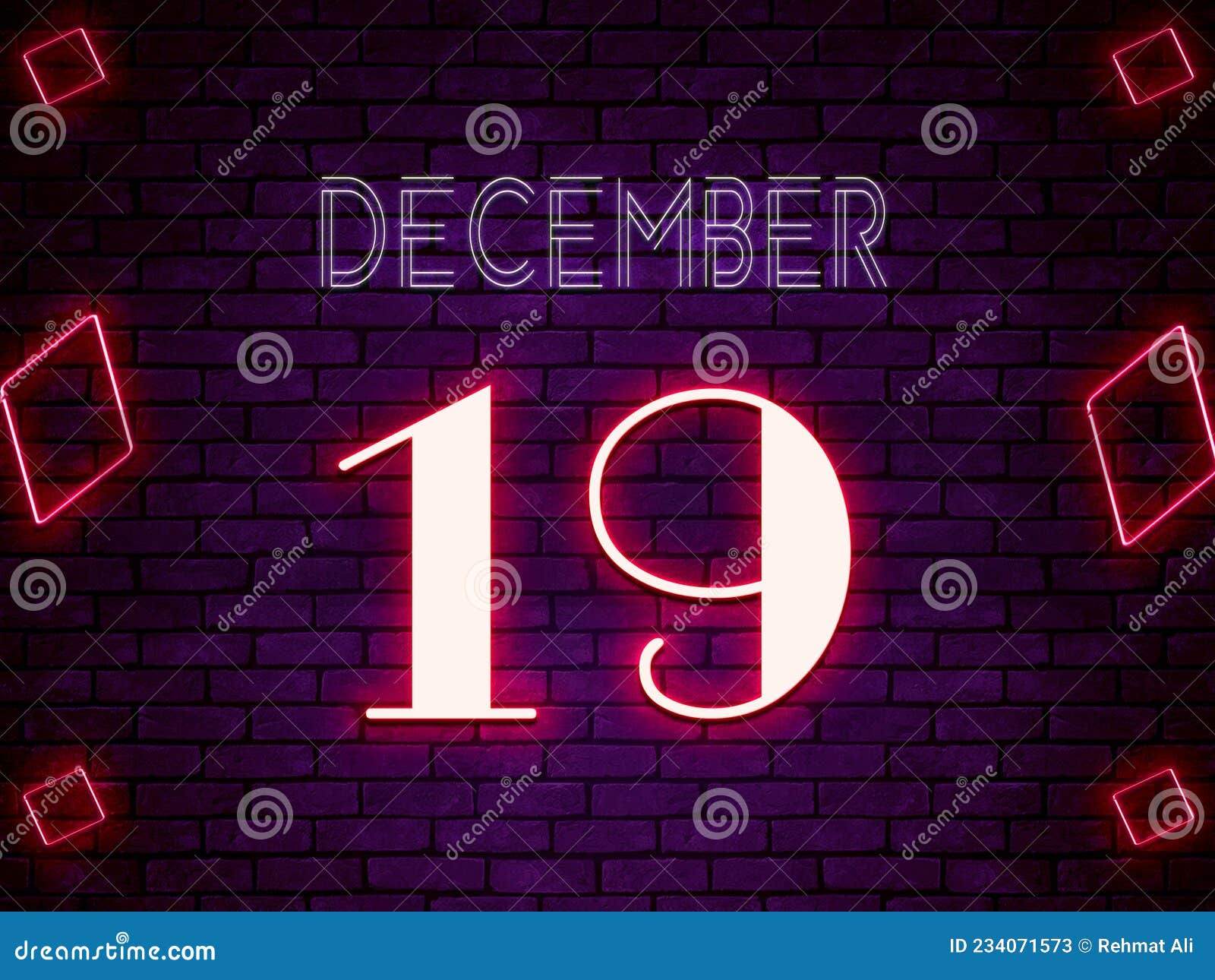 19 December. Calendar on Workplace Neon Text Effect on Bricks ...