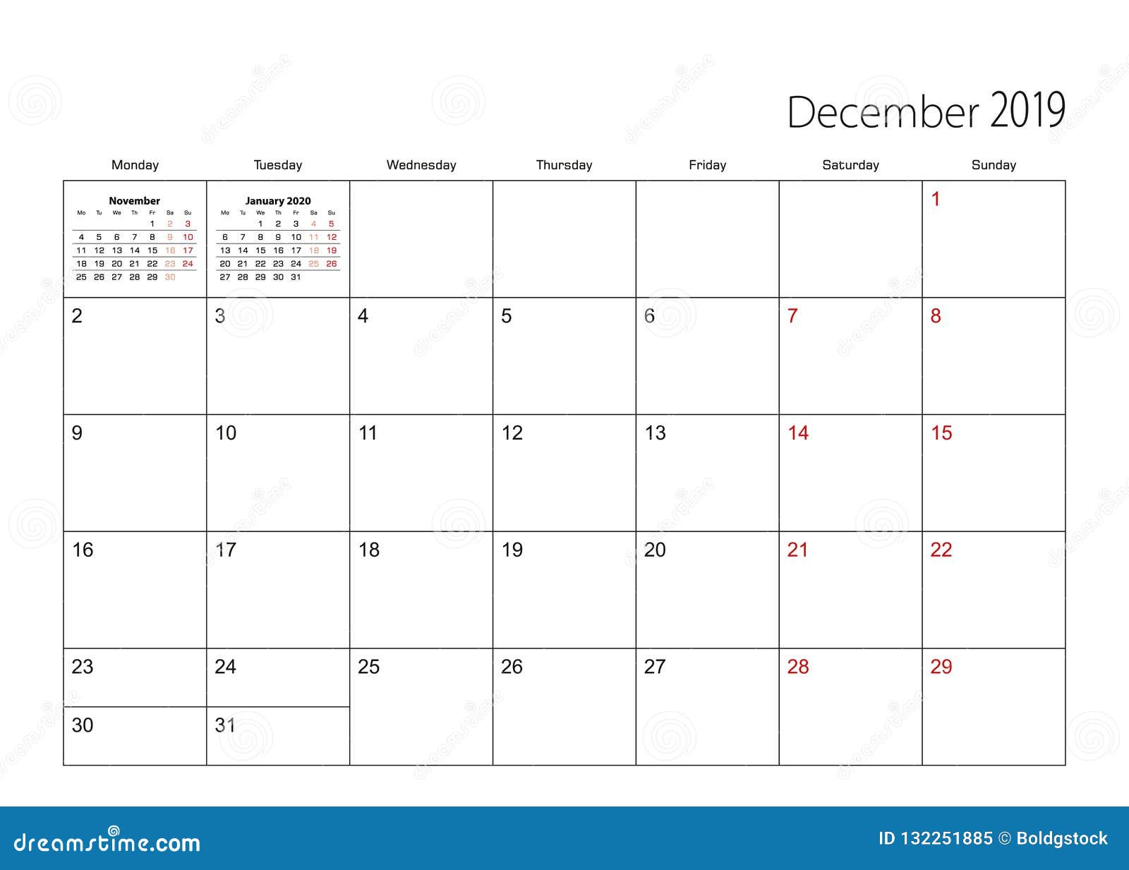 December 2019 Simple Calendar Planner, Week Starts from Monday Stock ...