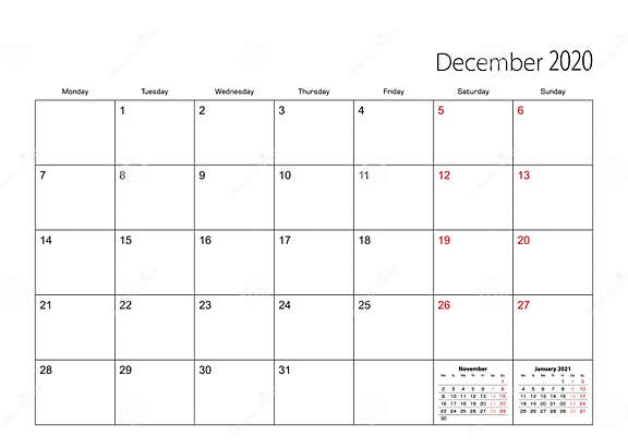 December 2020 Simple Calendar Planner, Week Starts from Monday Stock ...